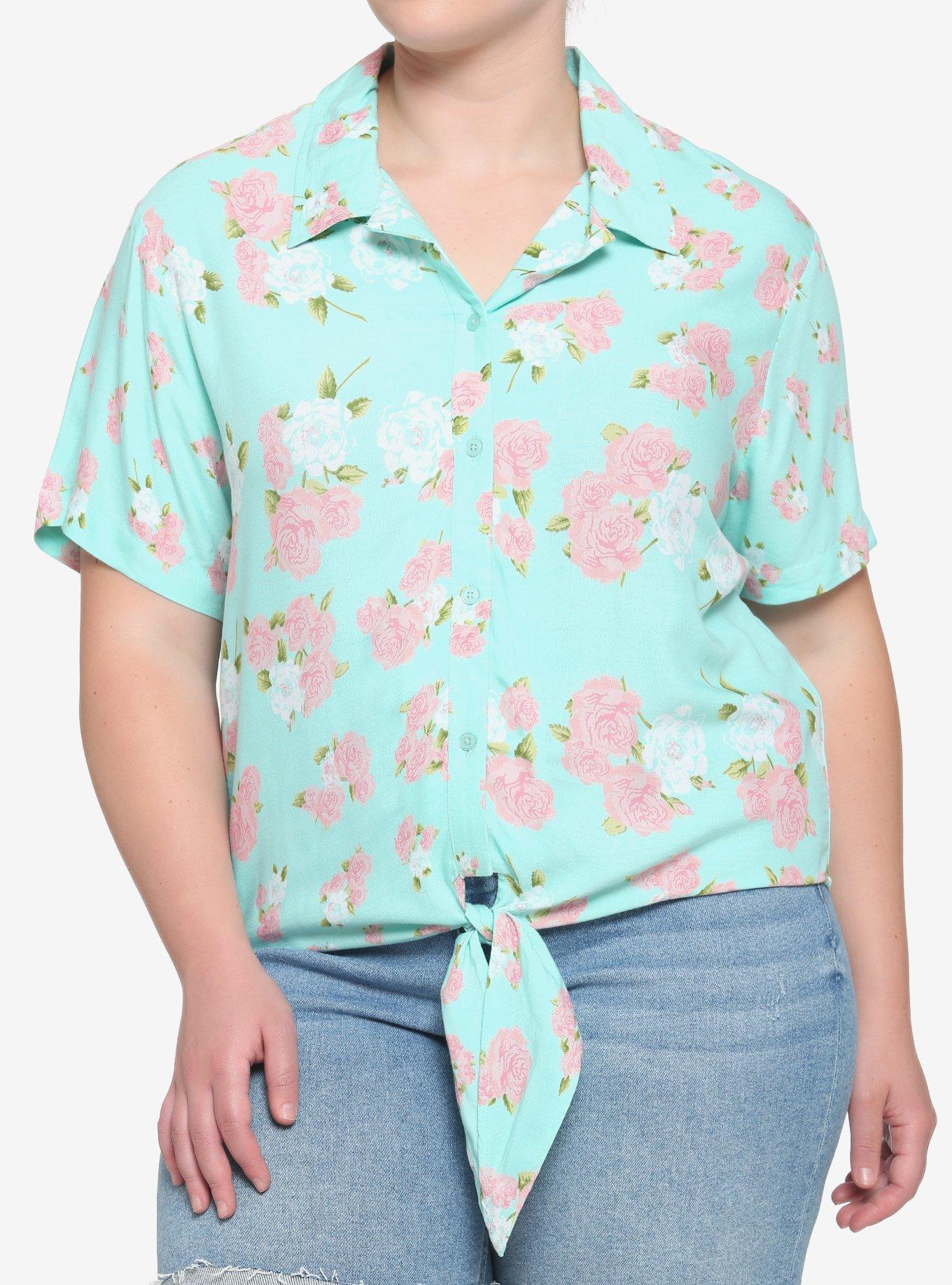 Mint Rose Girls Tie-Front Woven Button-Up Plus Size | Hot Topic