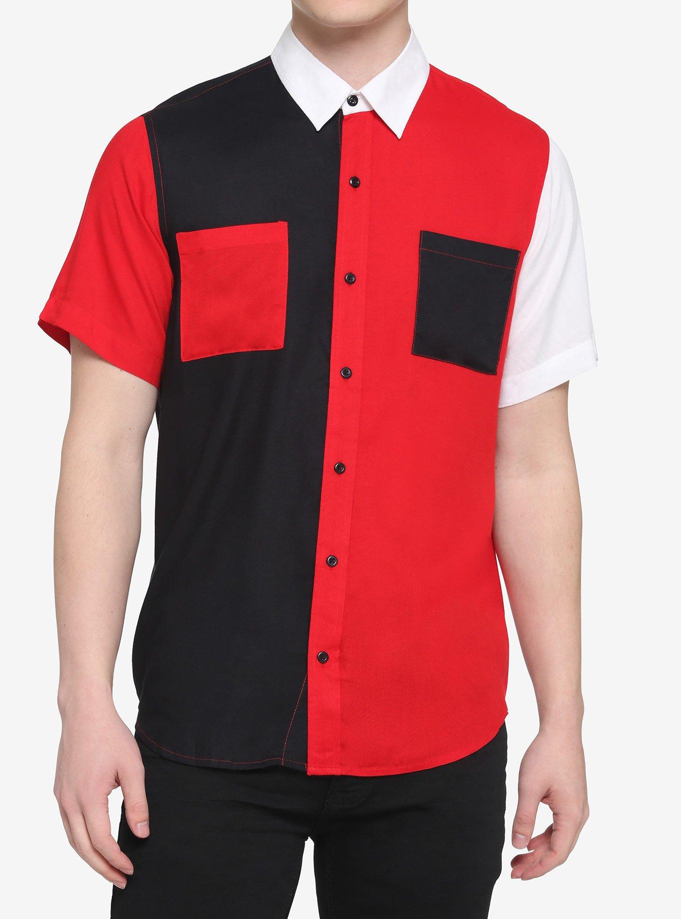 Red White & Black Color-Block Woven Button-Up | Hot Topic