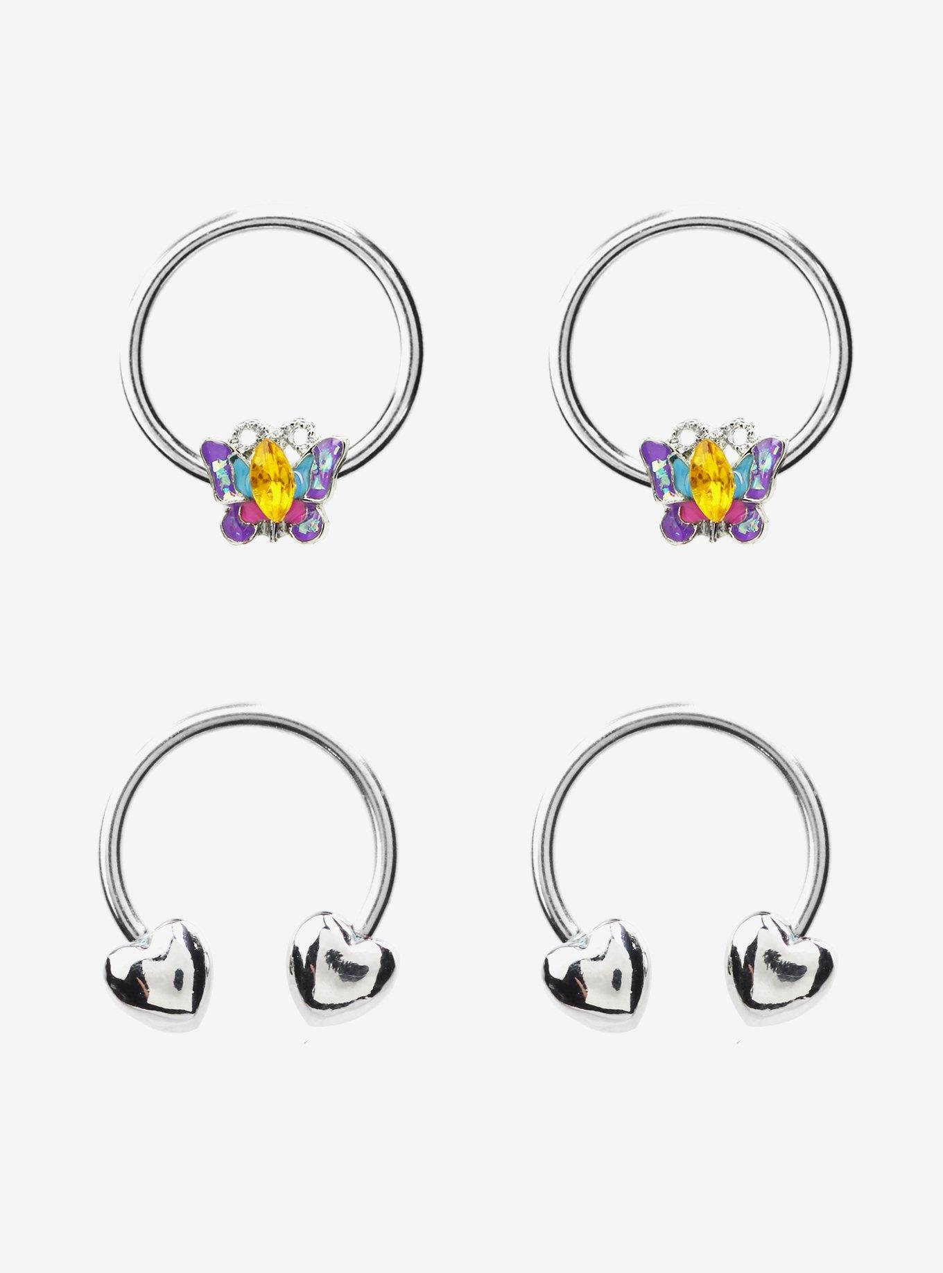 Steel Silver Heart Butterfly Curved Barbell & Captive Hoop 4 Pack | Hot ...
