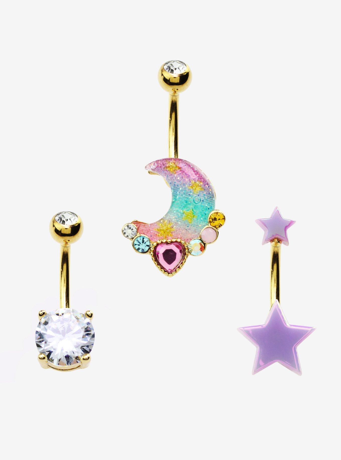 14G Steel Gold Glitter Moon Navel Barbell 3 Pack | Hot Topic