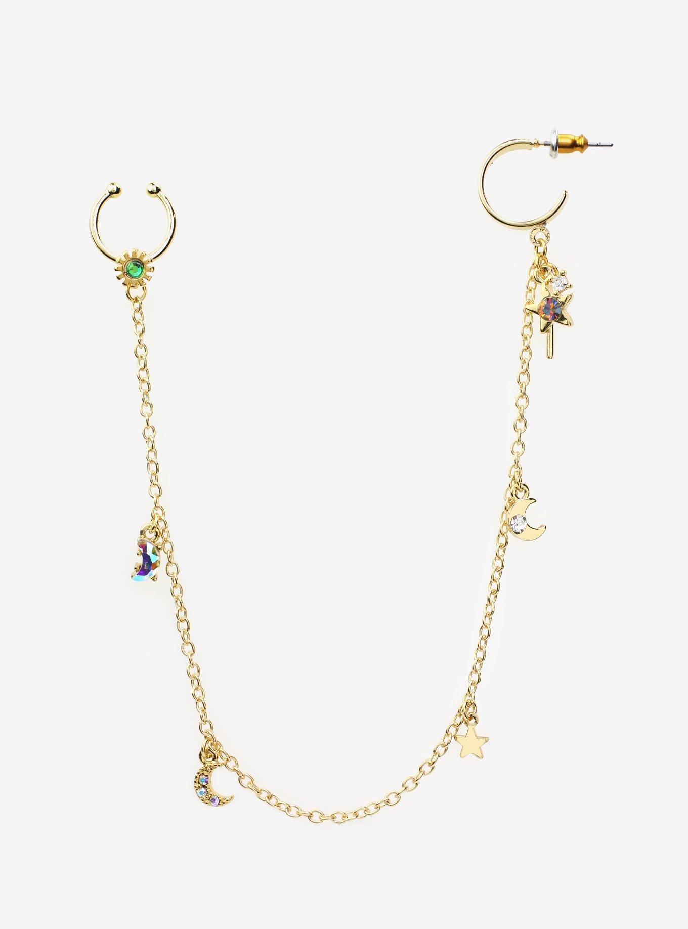 Steel Gold Celestial Earring Chain with Faux Nose Cuff | Hot Topic