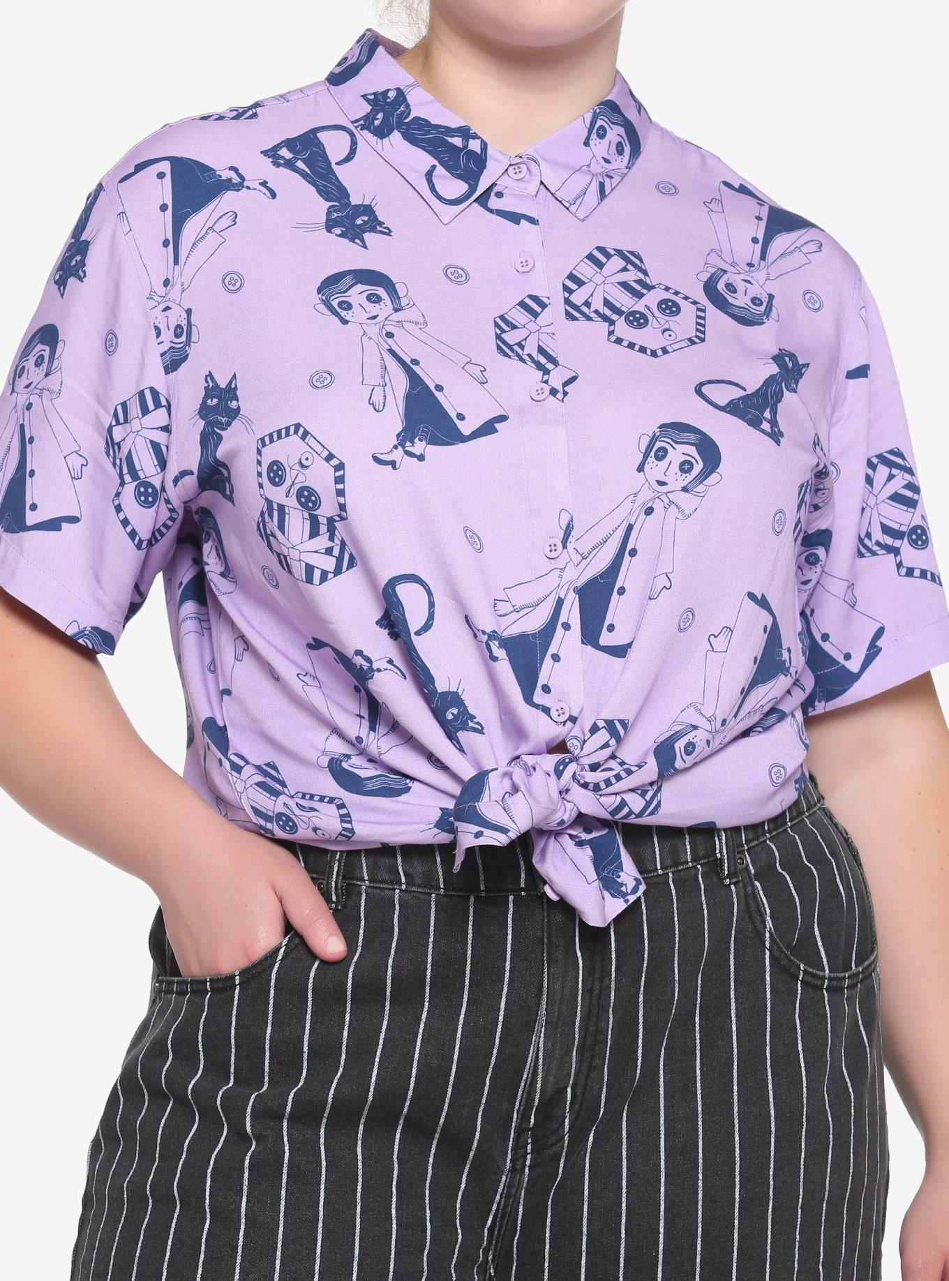Coraline Doll & Cat Tonal Girls Woven Button-Up Plus Size | Hot Topic