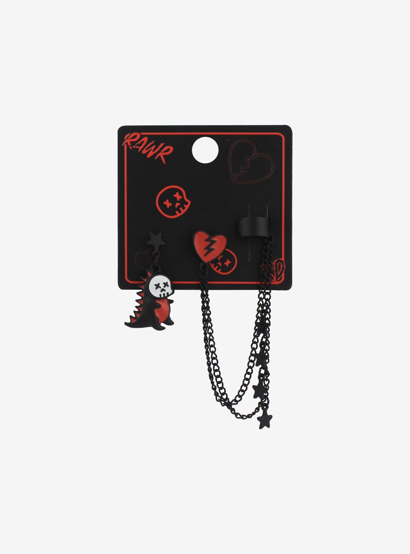 Skeleton Dino Broken Heart Mismatch Chain Earrings | Hot Topic