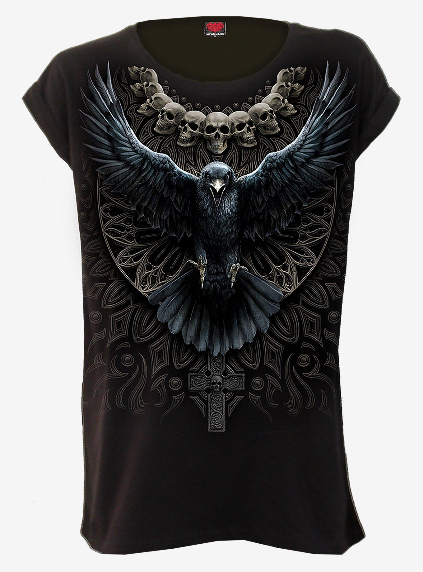 Raven Skull Turnup Sleeve Loose Fit Tee | Hot Topic