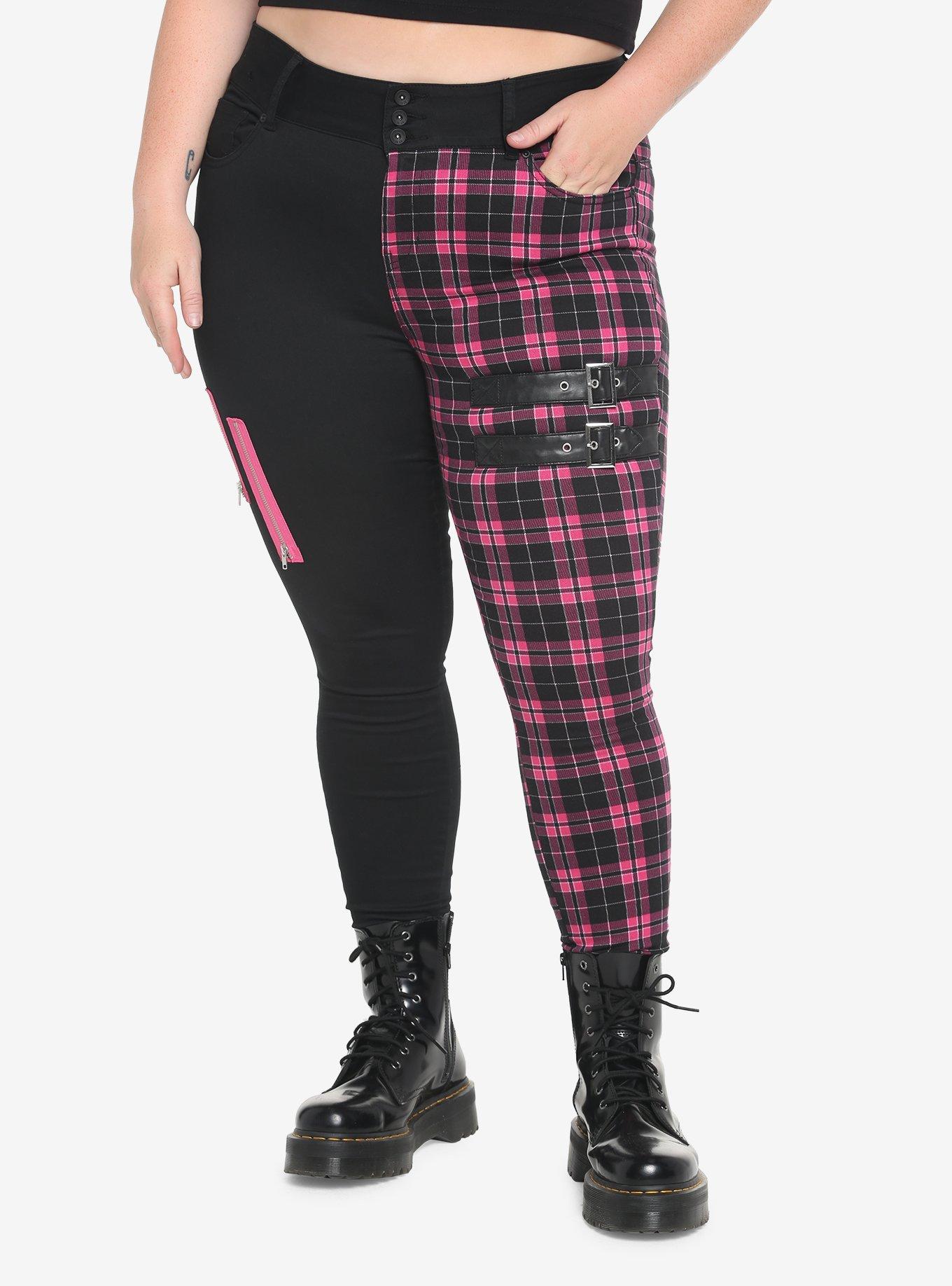Black & Pink Plaid Split Super Skinny Jeans Plus Size | Hot Topic