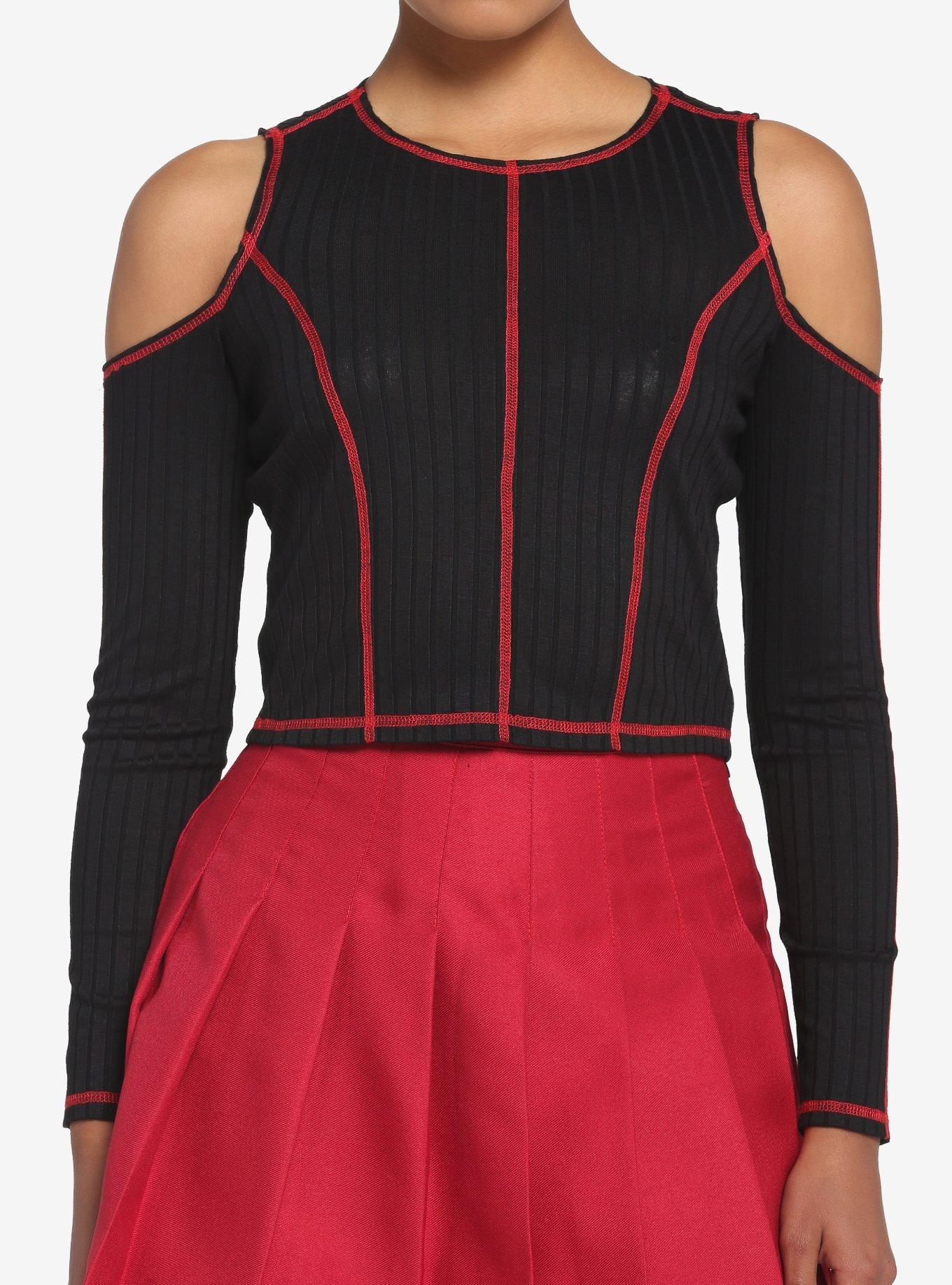 Black And Red Contrast Stitch Cold Shoulder Girls Crop Long Sleeve Top