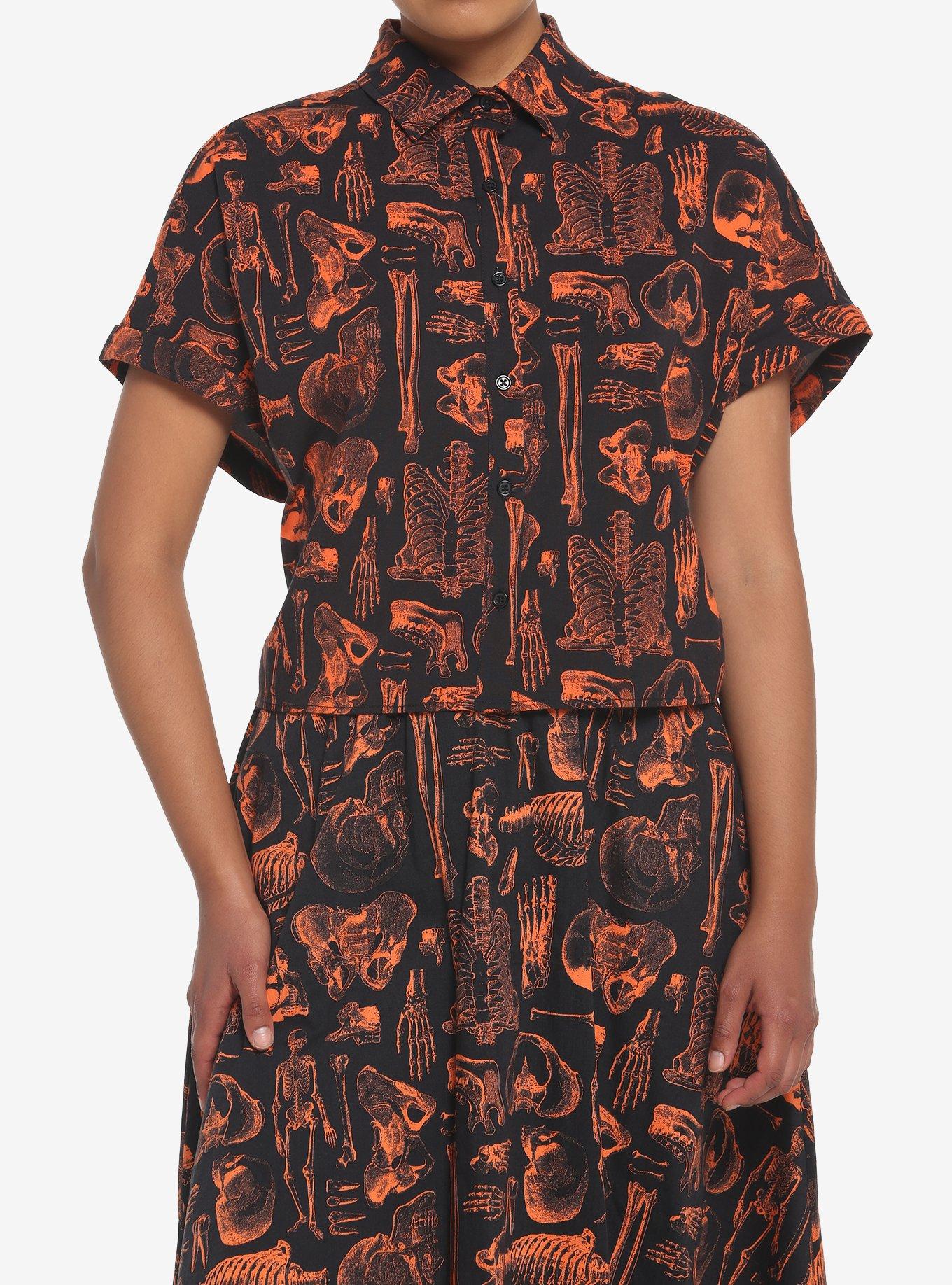 Black & Orange Skeleton Anatomy Girls Crop Woven Button-Up | Hot Topic