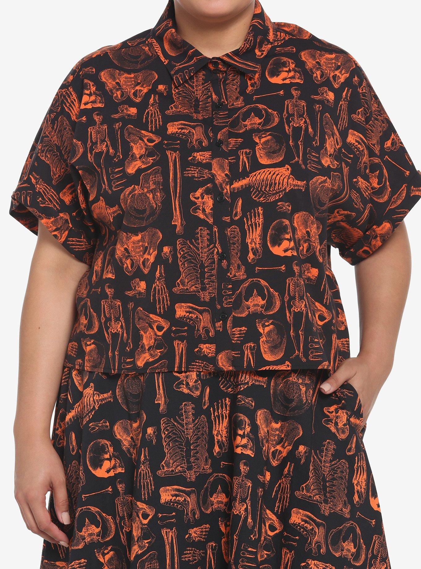 Black & Orange Skeleton Anatomy Girls Crop Woven Button-Up Plus Size ...