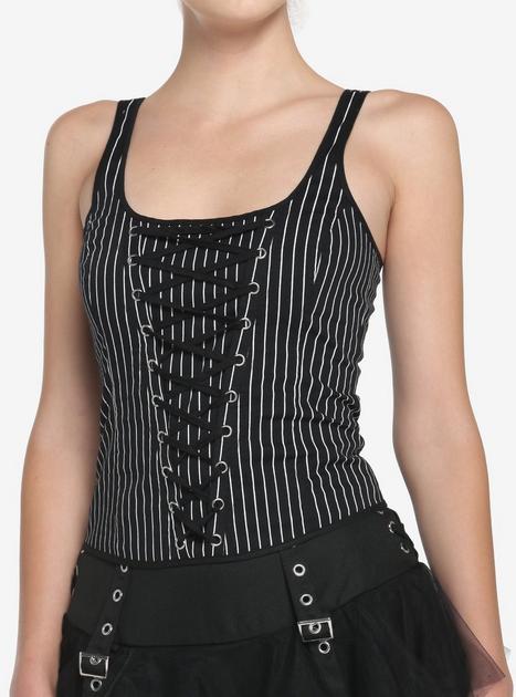 Black And White Pinstripe Lace Up Corset Top Hot Topic
