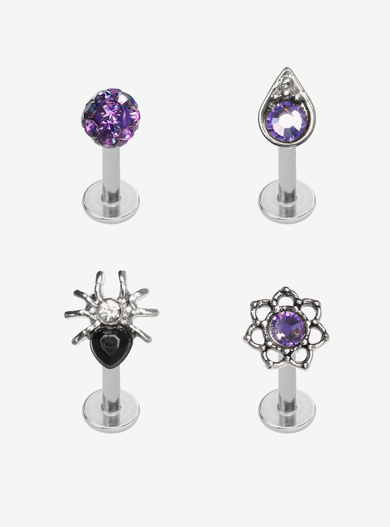 Steel Silver Spider Purple Gem Labret 4 Pack | Hot Topic