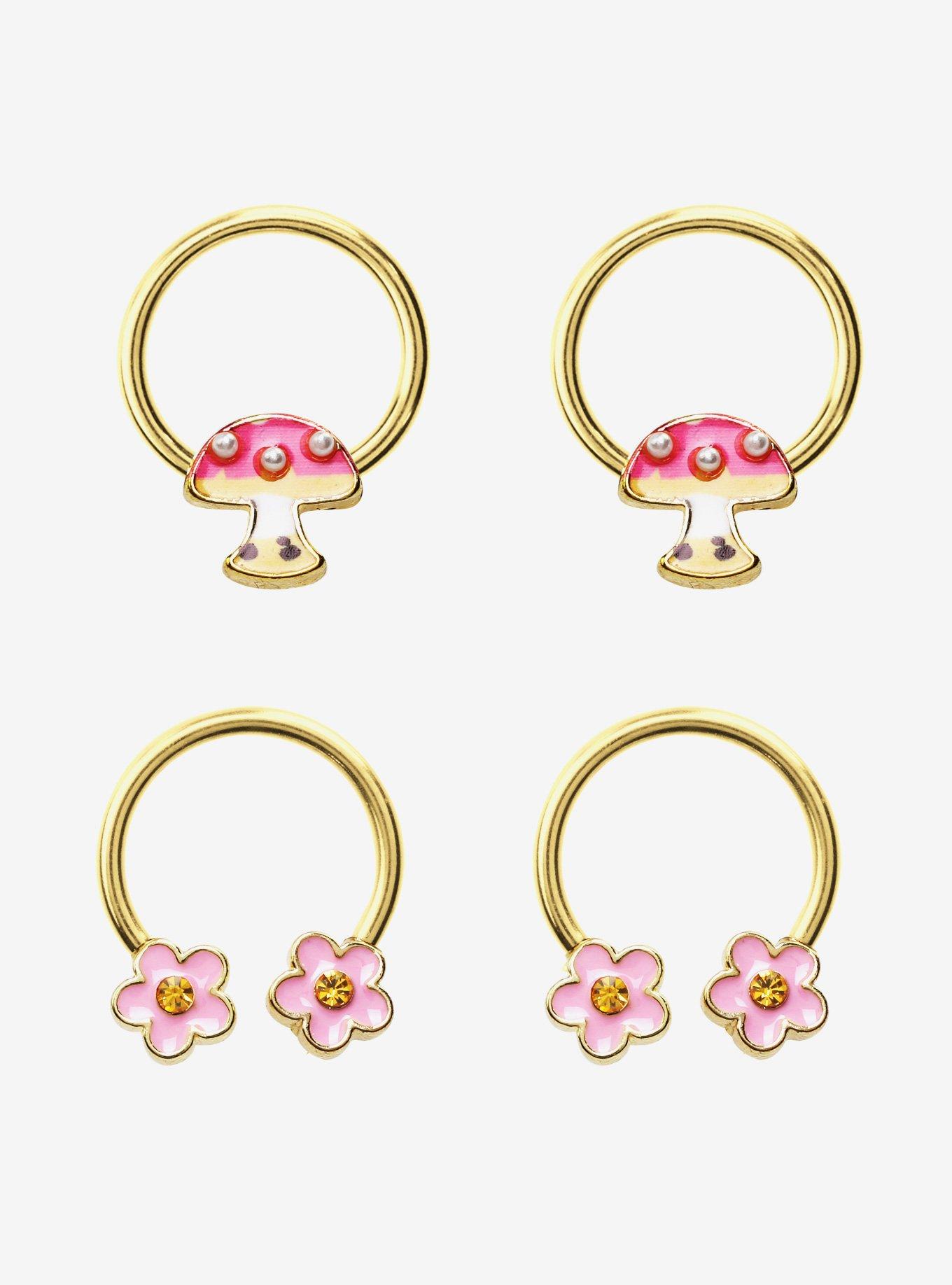 Steel Gold Mushroom & Flower Circular Barbell & Captive Hoop 4 Pack ...