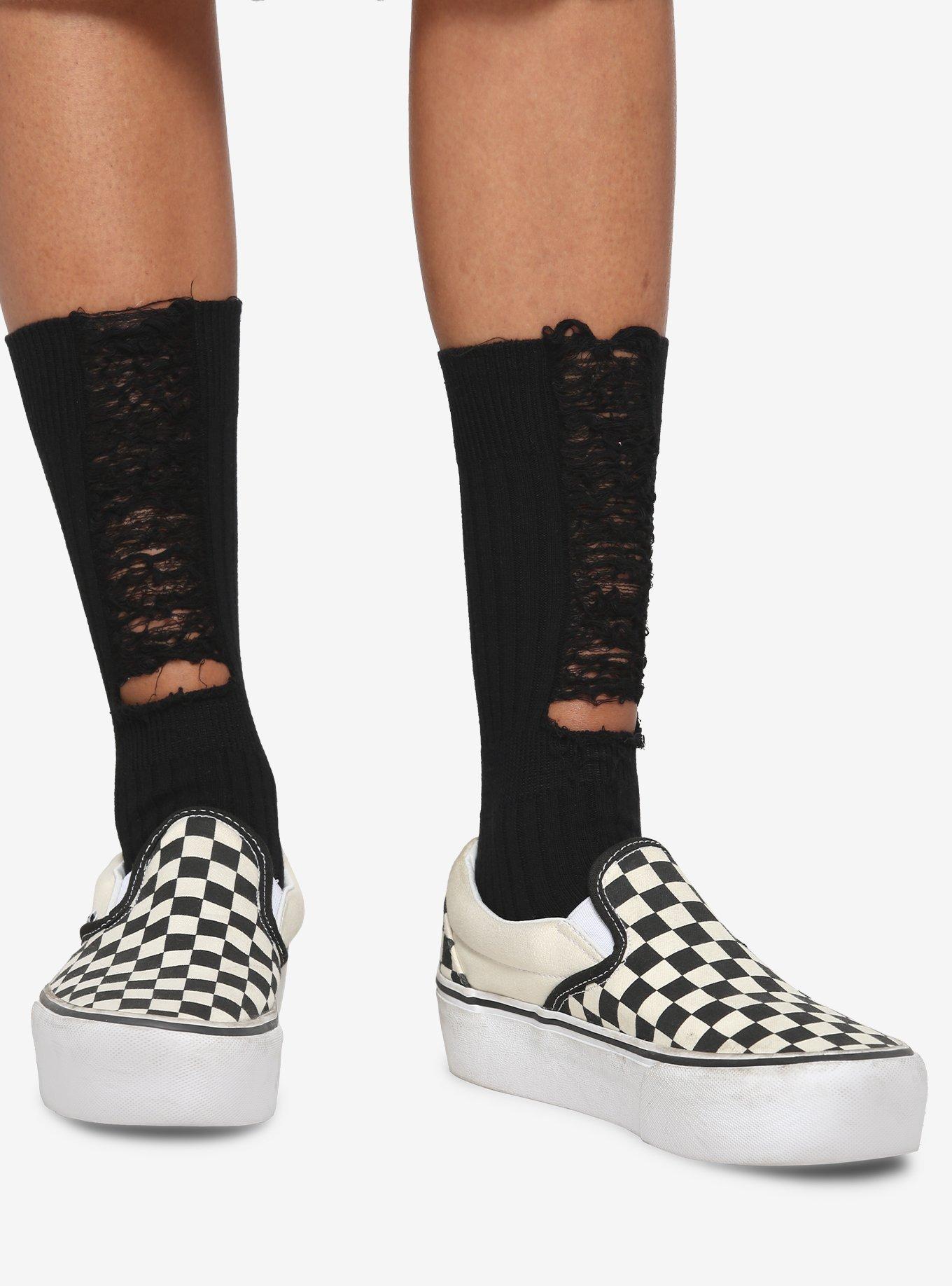 Black Distressed Crew Socks | Hot Topic
