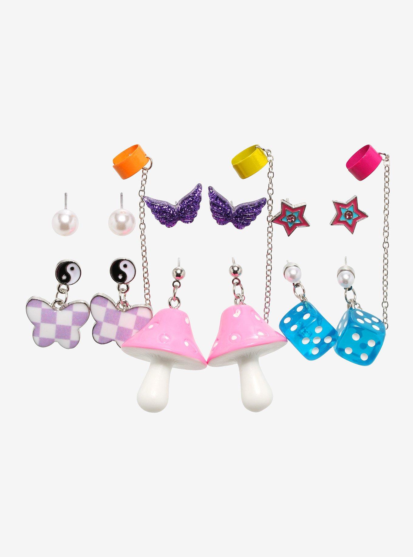 Colorful Butterfly Mushroom Dice Cuff Earring Set | Hot Topic