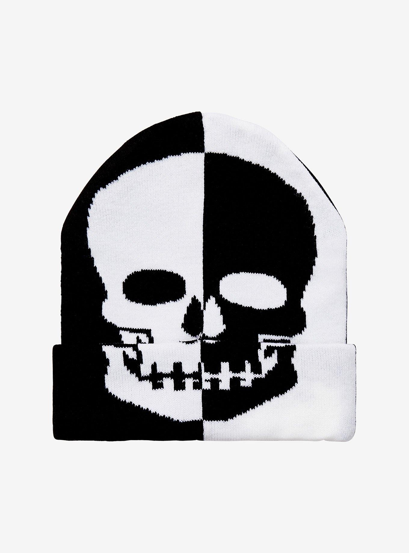 Black & White Split Skull Beanie | Hot Topic