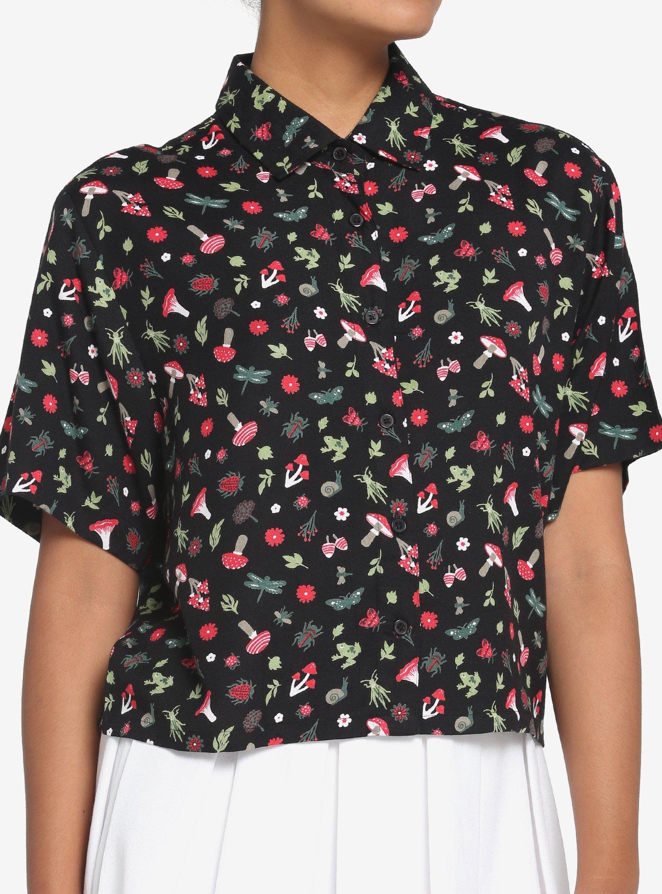Black Mushroom Frog Boxy Woven Button-Up | Her Universe