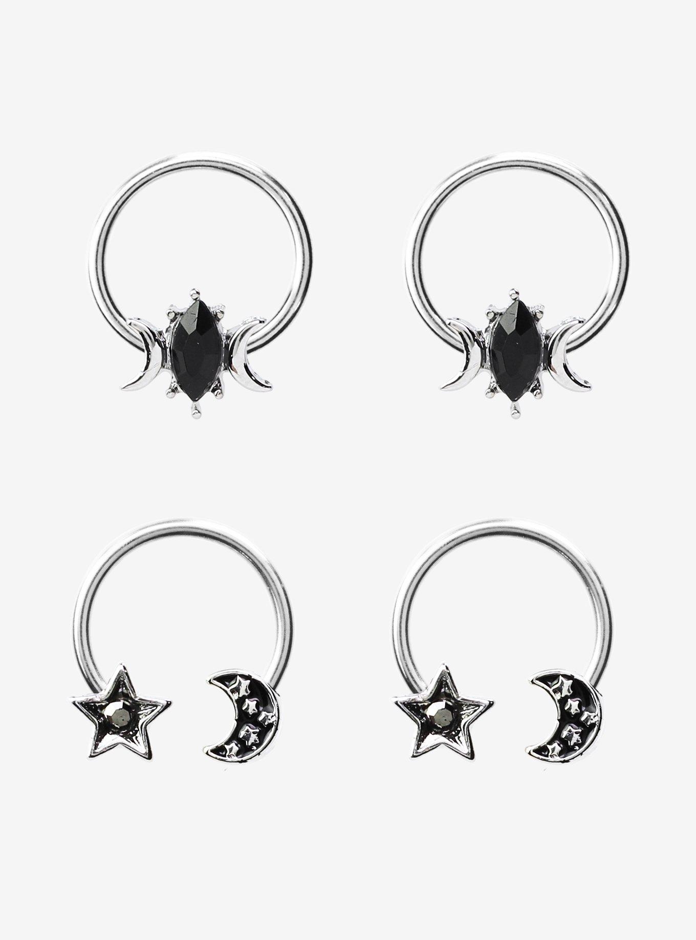 Steel Silver Dark Celestial Curved Barbell & Captive Hoop 4 Pack | Hot ...