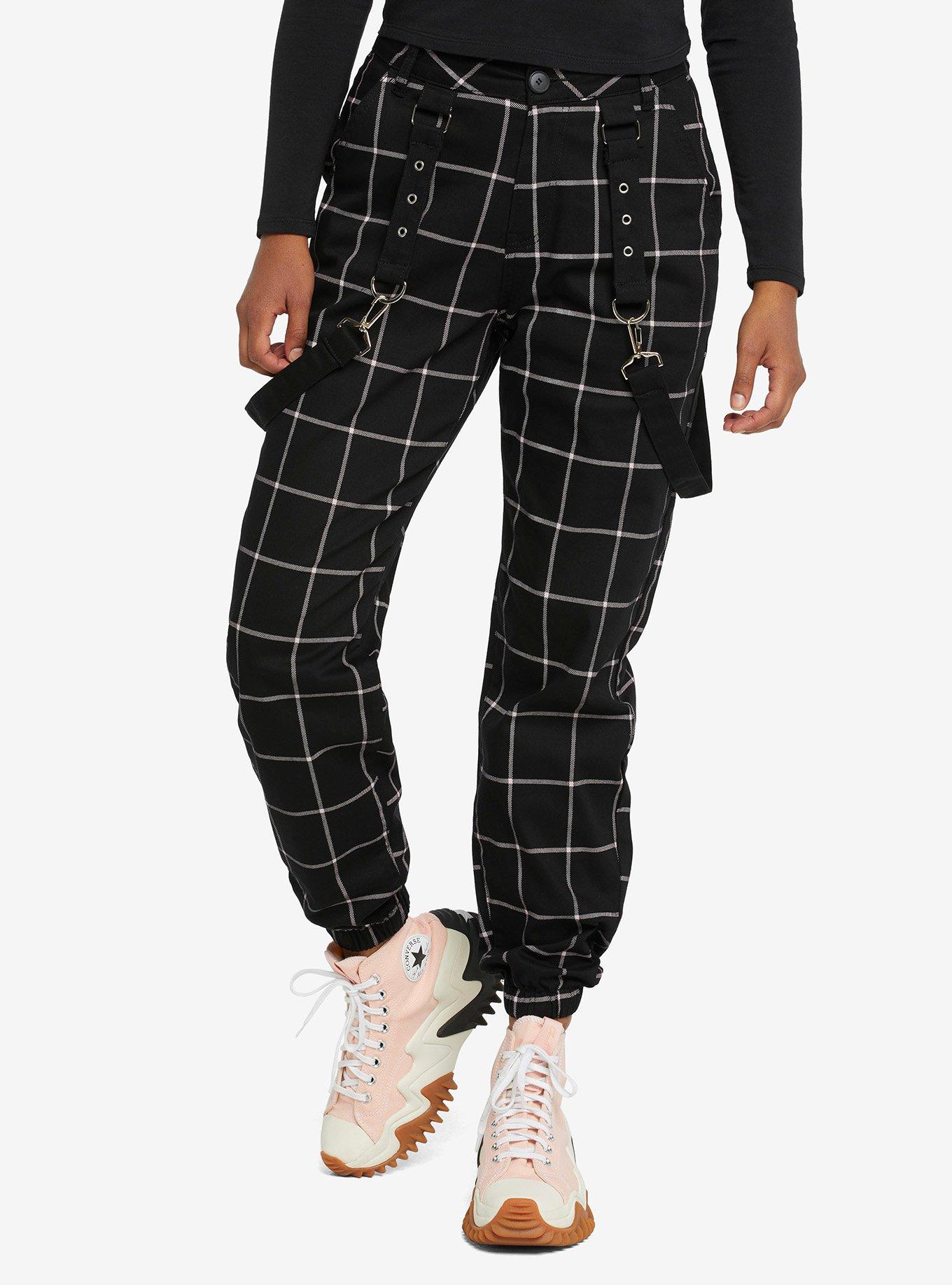 Black And Pink Grid Suspender Girls Jogger Pants Hot Topic