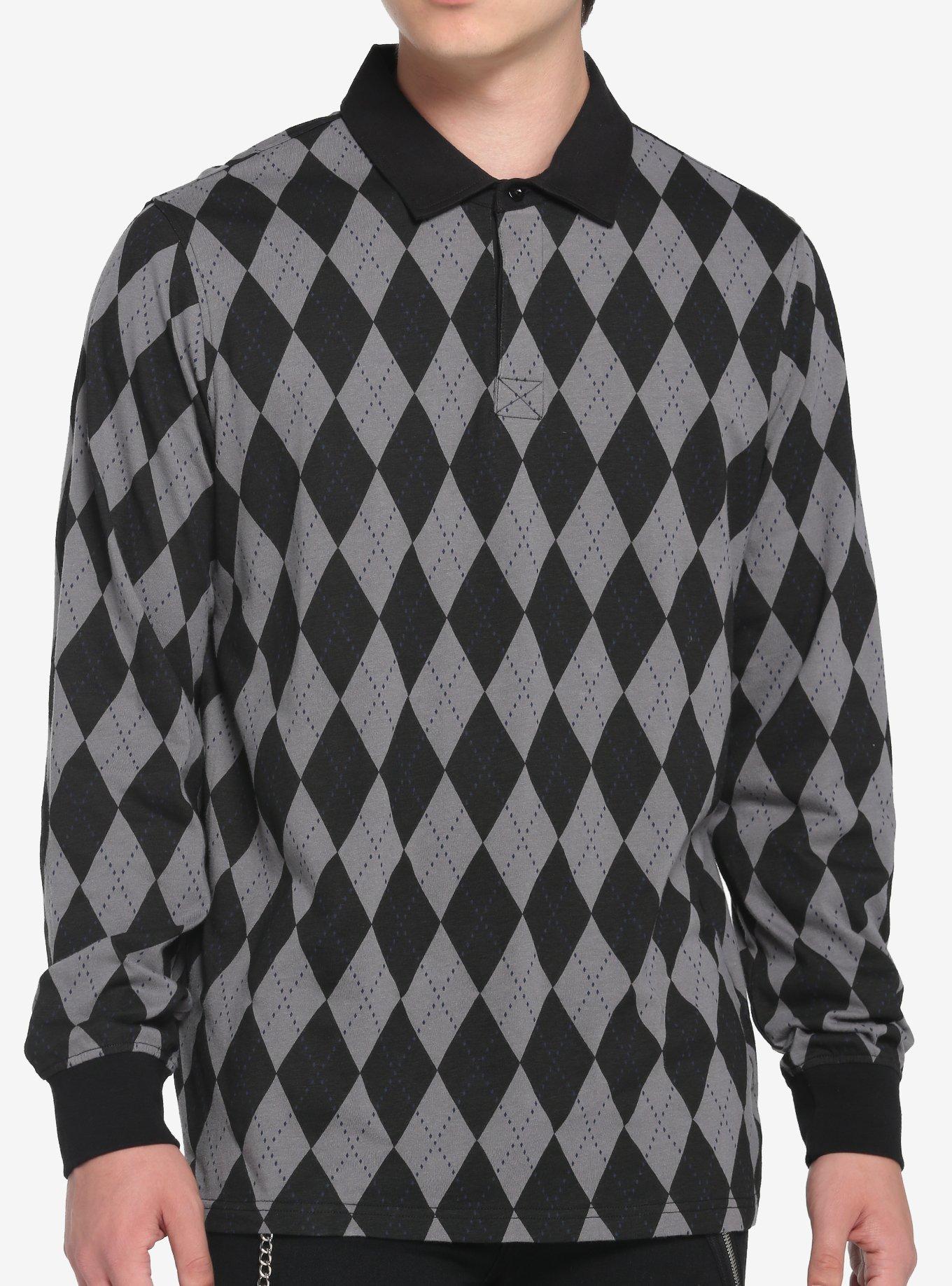 Black & Grey Argyle Long-Sleeve Polo Shirt | Hot Topic