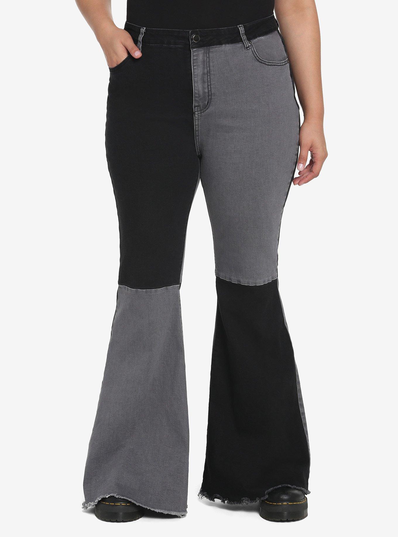 Black And Grey Patchwork Denim Flare Pants Plus Size Hot Topic