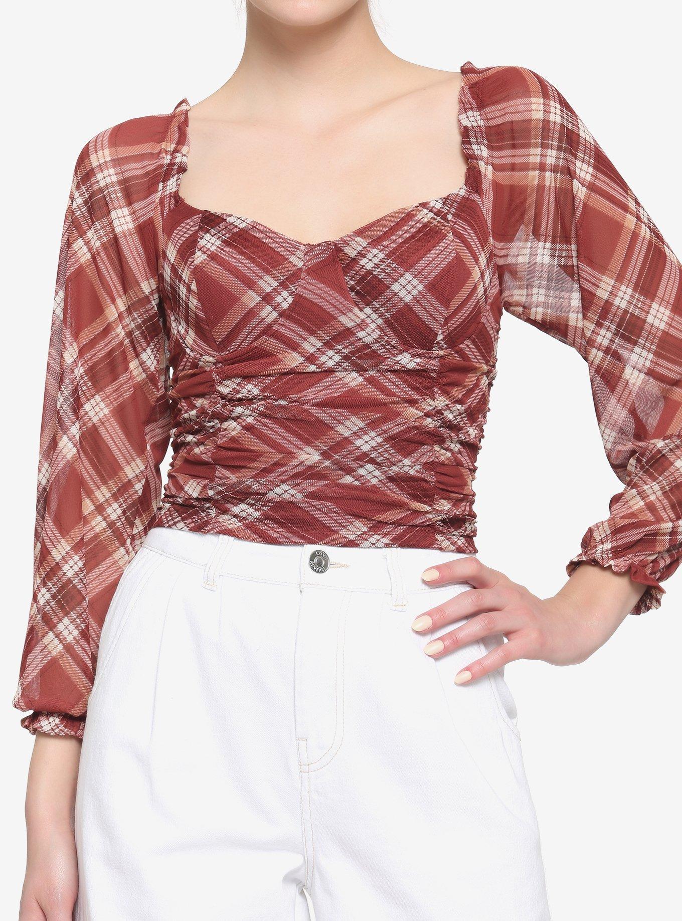Brown Plaid Girls Peasant Top Hot Topic