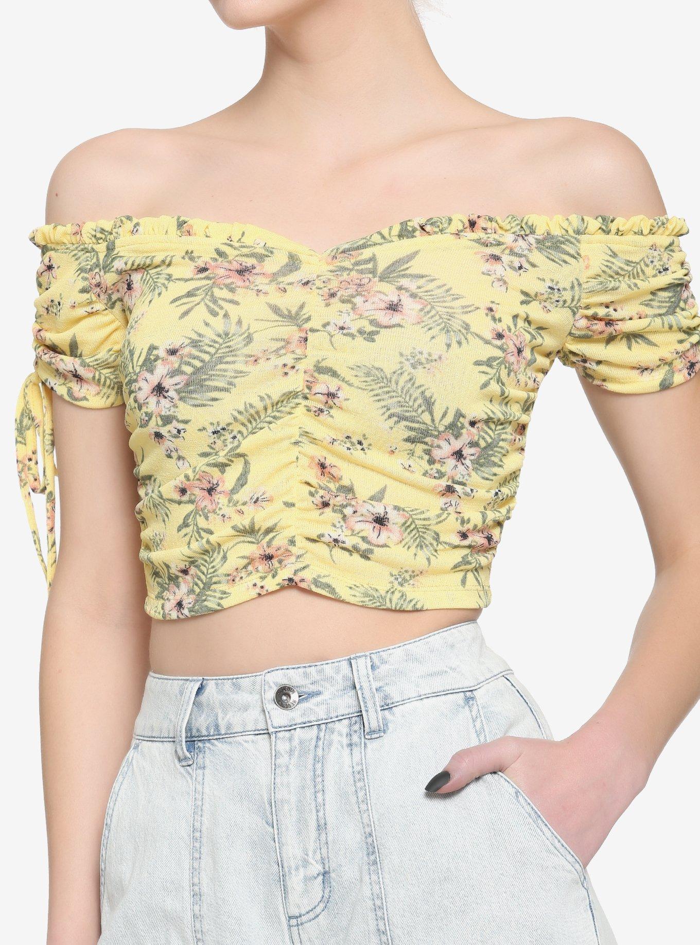 Yellow Floral Off-The-Shoulder Girls Crop Top | Hot Topic