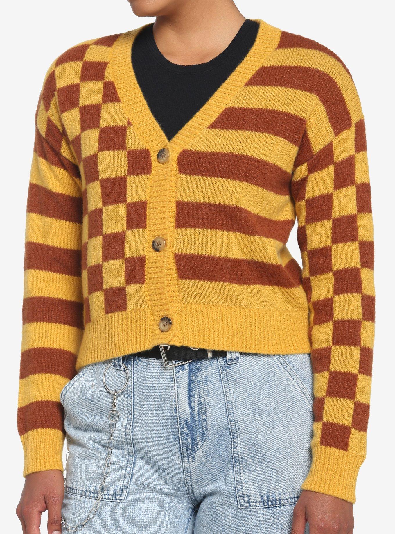 Mustard Checkered & Stripe Boyfriend Fit Girls Crop Cardigan | Hot Topic