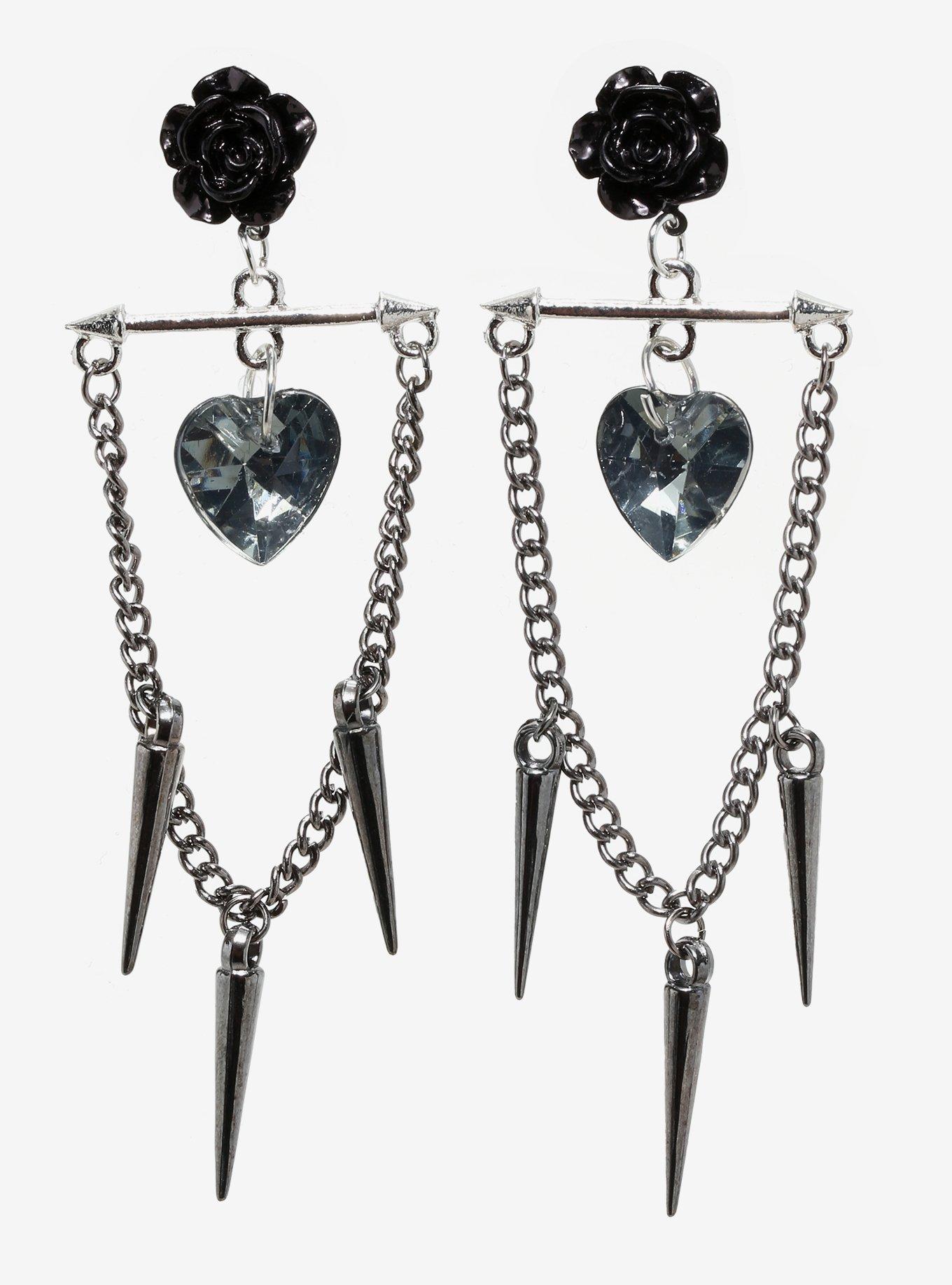 Black Rose Heart Spikes Drop Earrings | Hot Topic