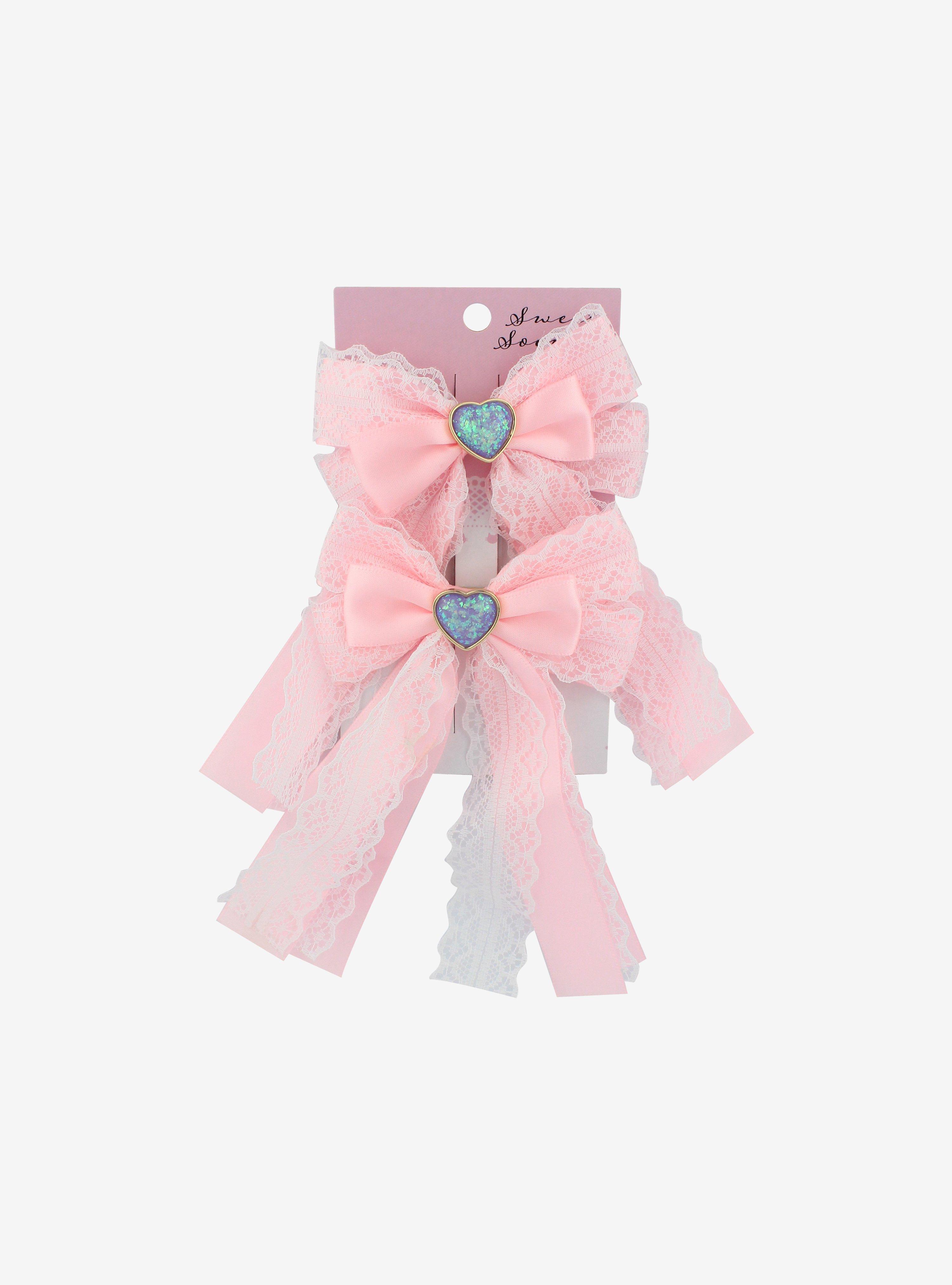 Pink Lace Heart Gem Hair Bow Set | Hot Topic