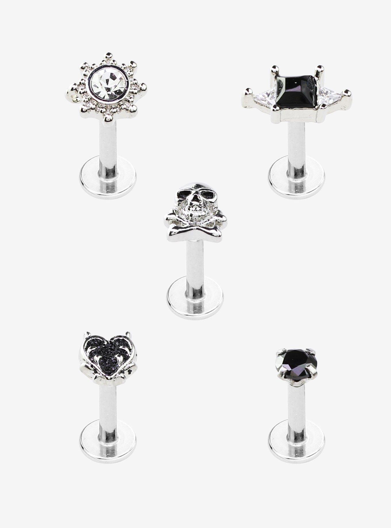 Steel Silver Dark Skull Heart Labret 5 Pack | Hot Topic