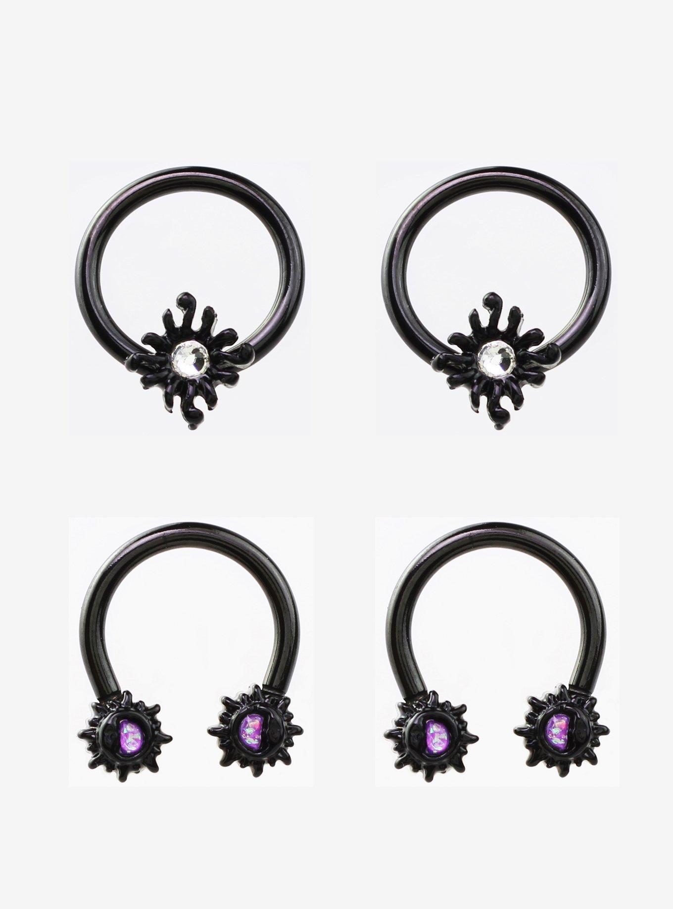 Steel Black Celestial Sun Gem Curved Barbell & Captive Hoop 4 Pack ...
