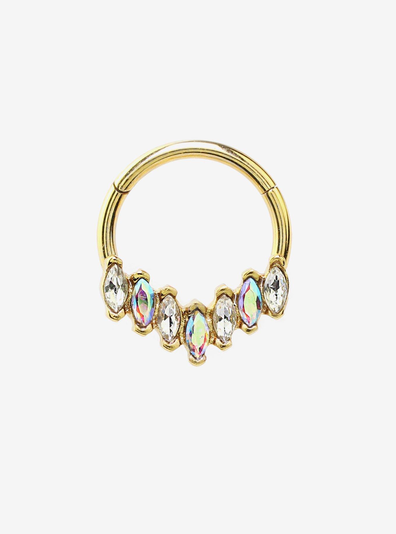 16G Steel Gold Clear & Iridescent Stone Hinged Clicker | Hot Topic