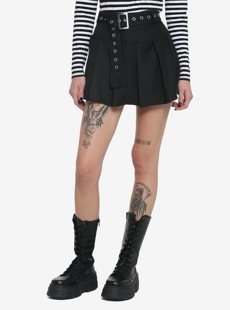 Black Grommet Belt Pleated Skirt Hot Topic