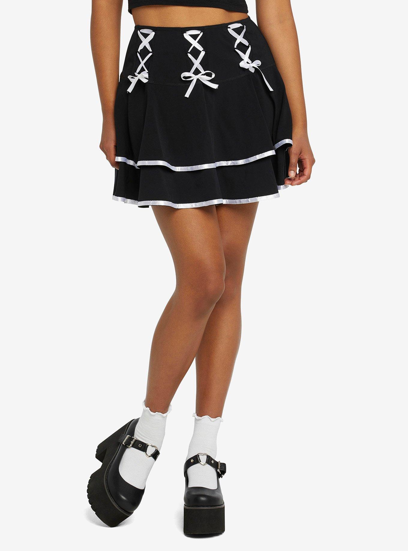Black & White Triple Lace-Up Tiered Skirt | Hot Topic
