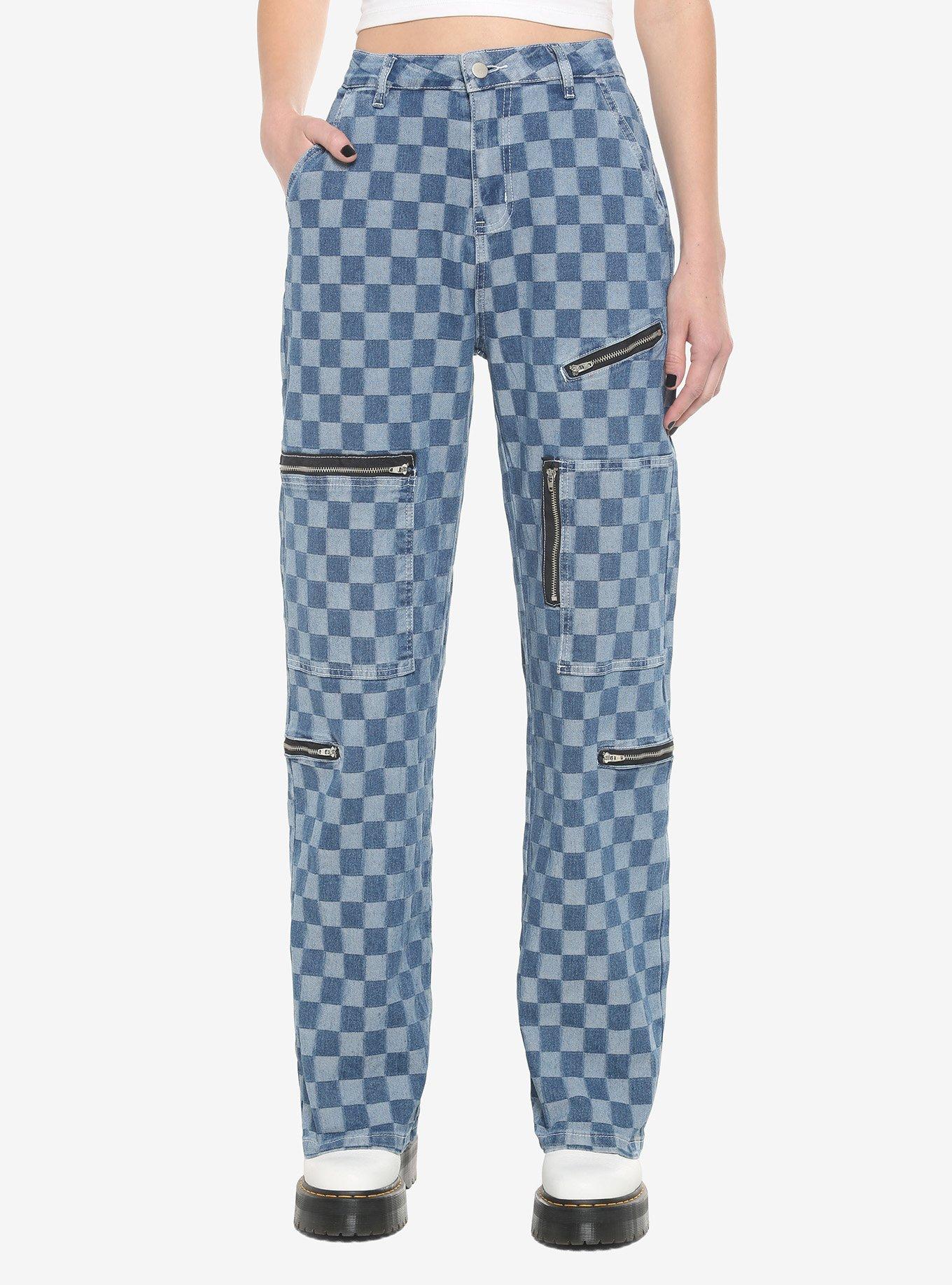 Blue Checkered Denim Straight Leg Jeans | Hot Topic