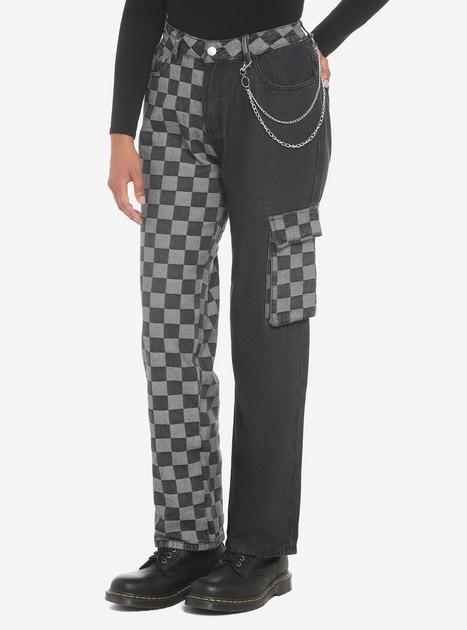 Black Checkered Split Straight Leg Jeans | Hot Topic