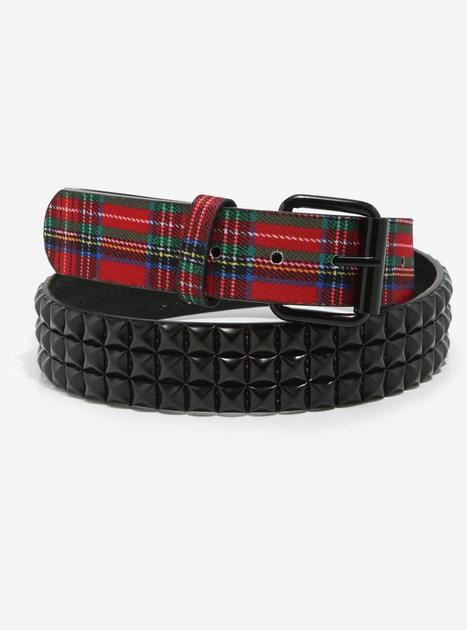 Red Plaid & Black Pyramid Stud Belt | Hot Topic
