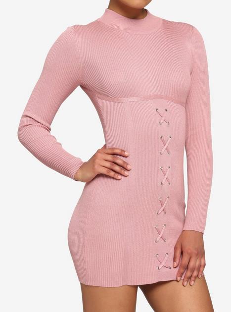 Pink Ribbed Lace-Up Mini Dress | Hot Topic