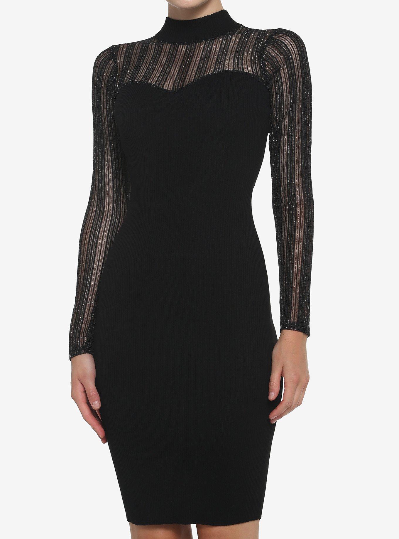 Black Glitter Mesh Long-Sleeve Midi Dress | Hot Topic