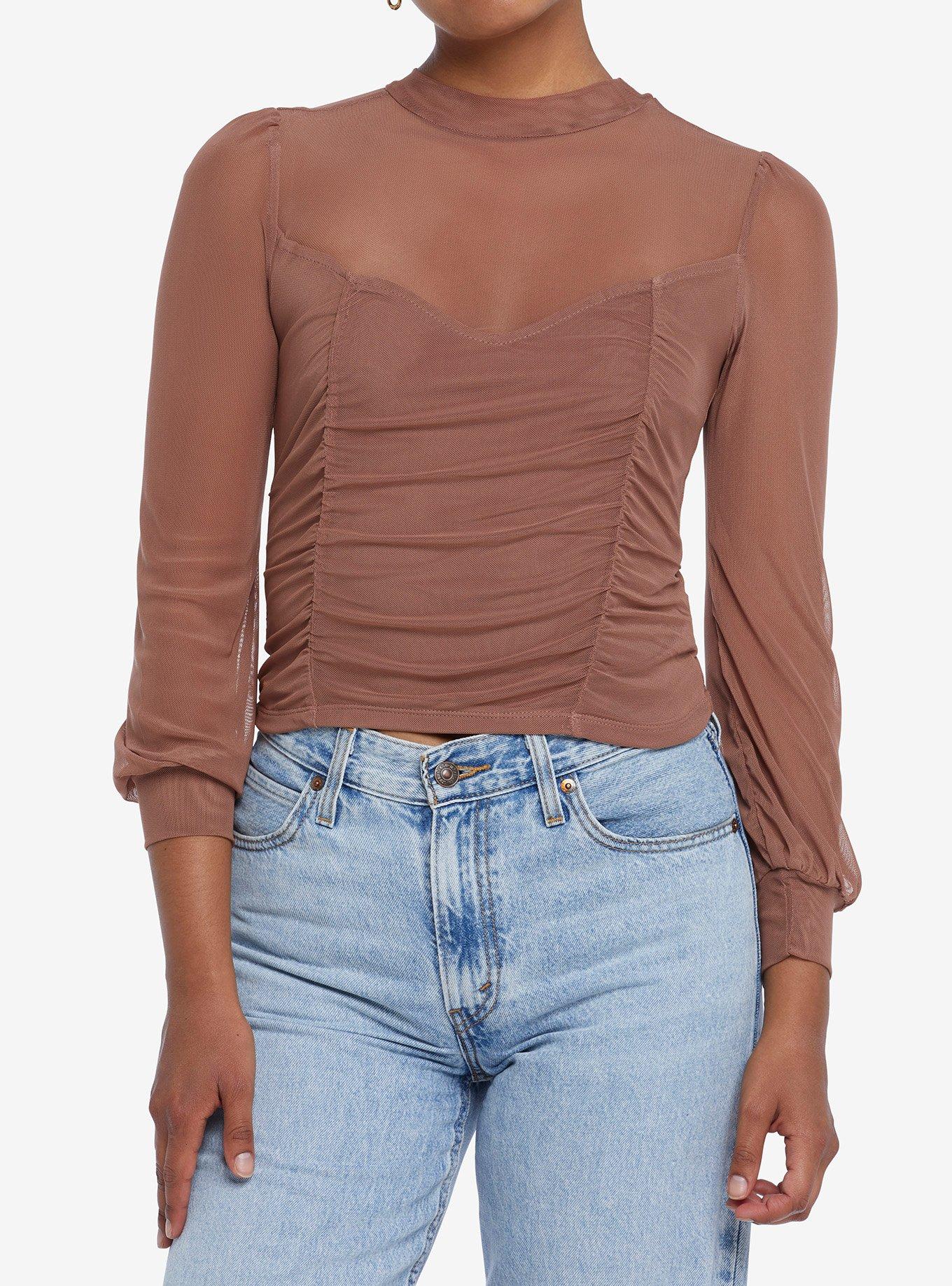 Mocha Double Ruched Mesh Girls Long-Sleeve Top | Hot Topic