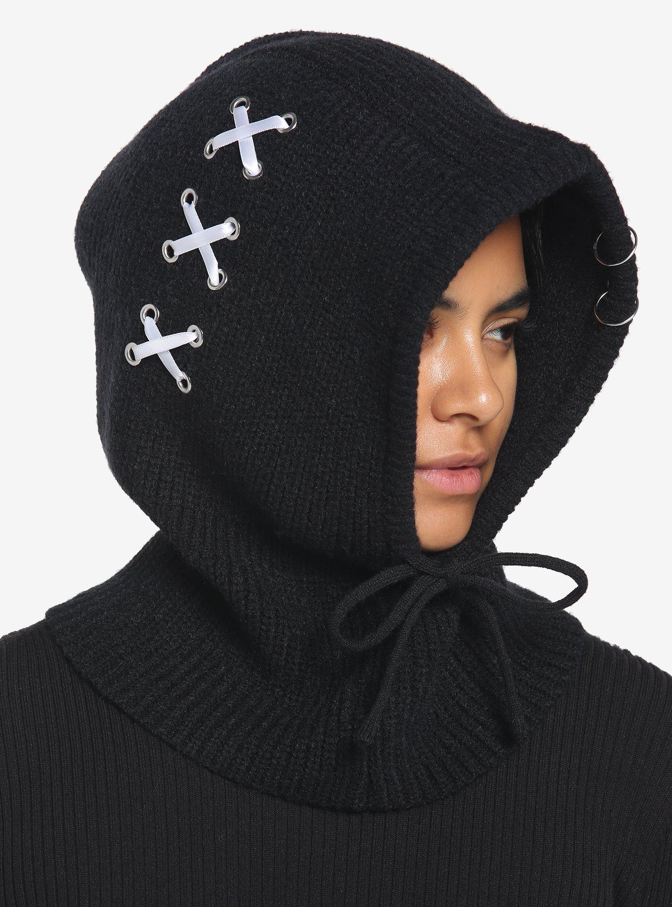Black Knit Lace-Up O-Ring Hood | Hot Topic