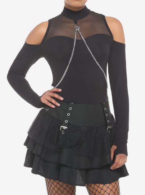 Black Mesh Chain Cold Shoulder Girls Long-Sleeve Top | Hot Topic