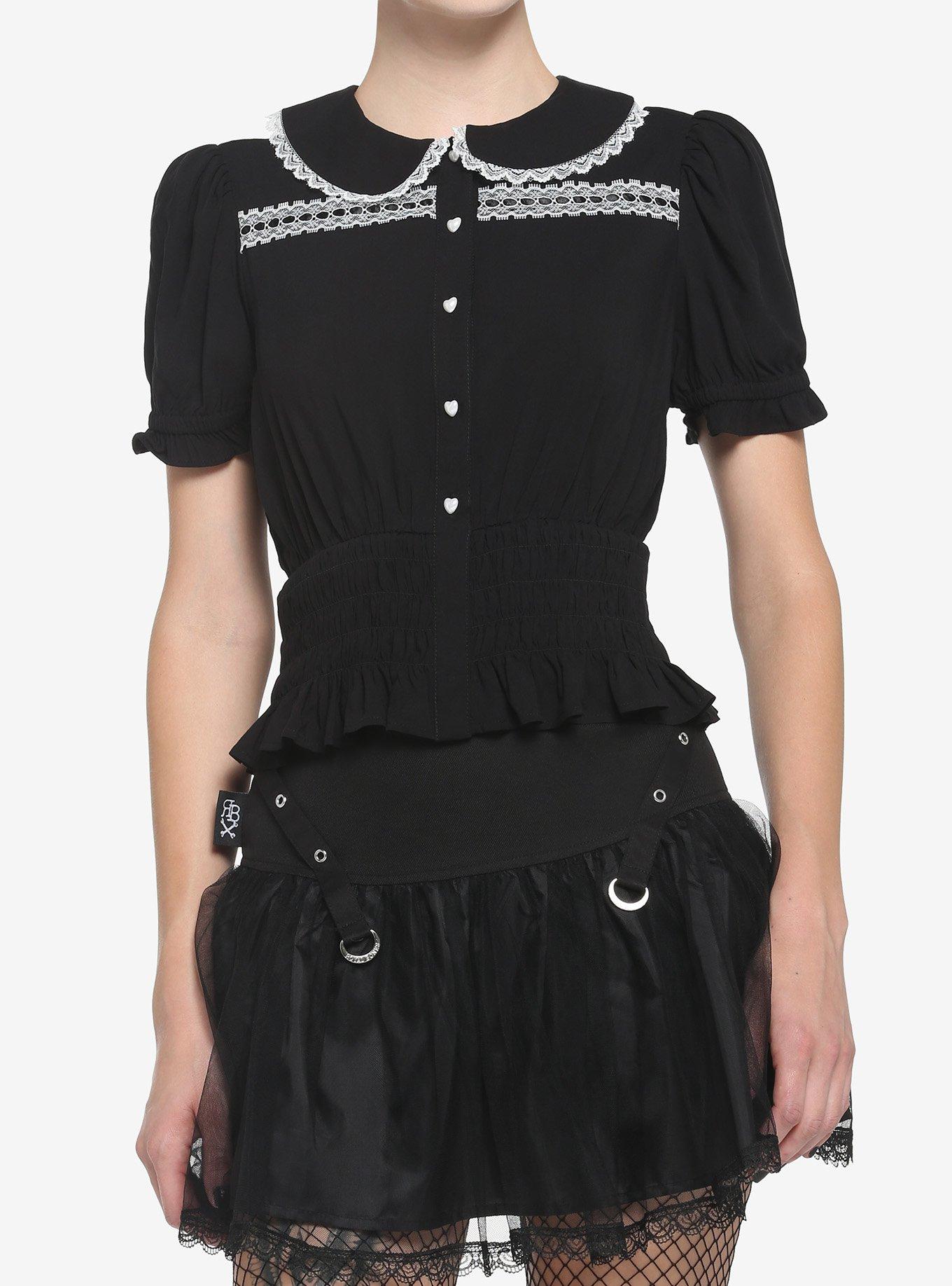 Black Smocked Girls Crop Woven Button Up Hot Topic