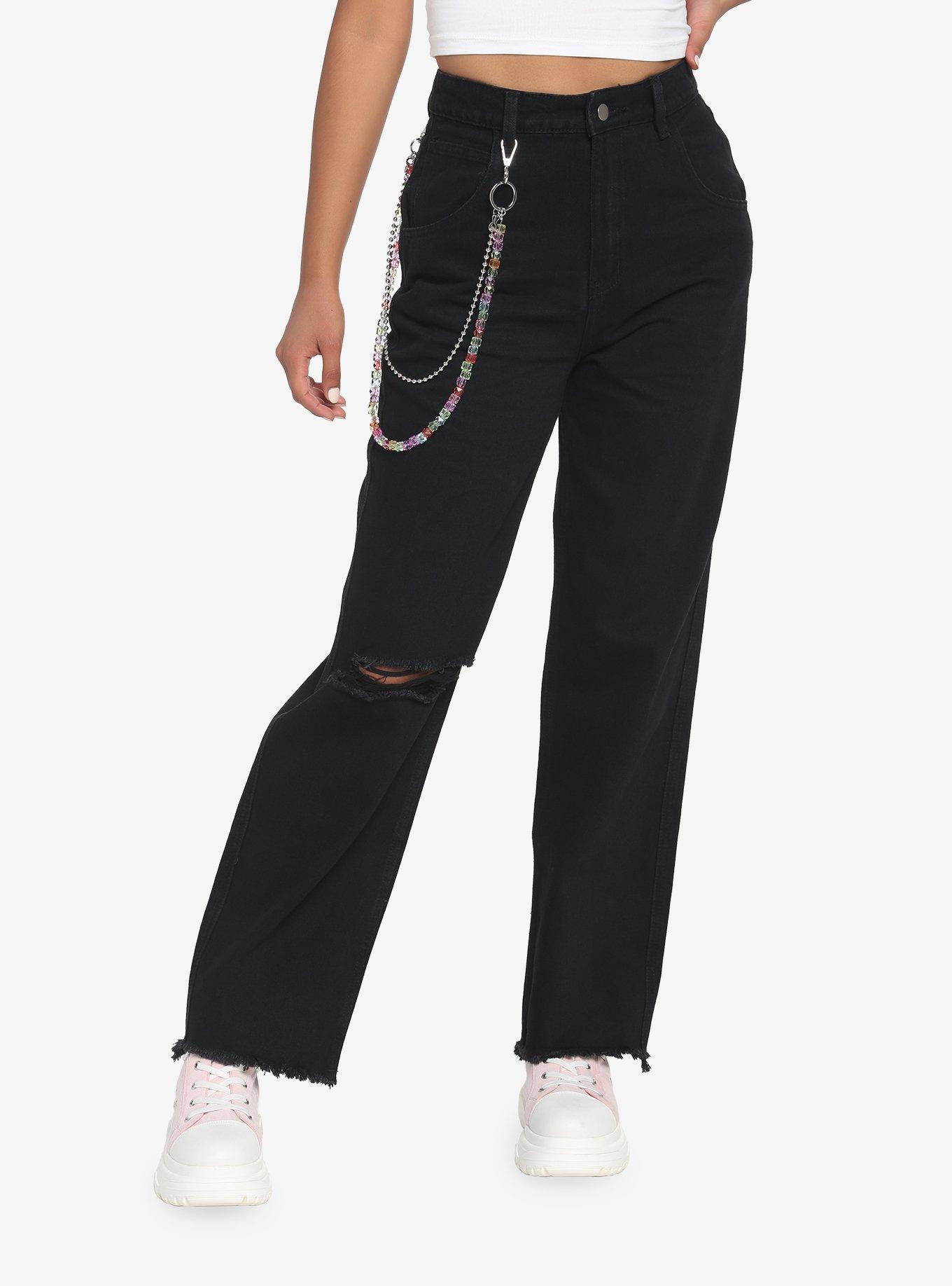 Black Straight Leg Jeans With Multicolor Beaded Chain | Hot Topic