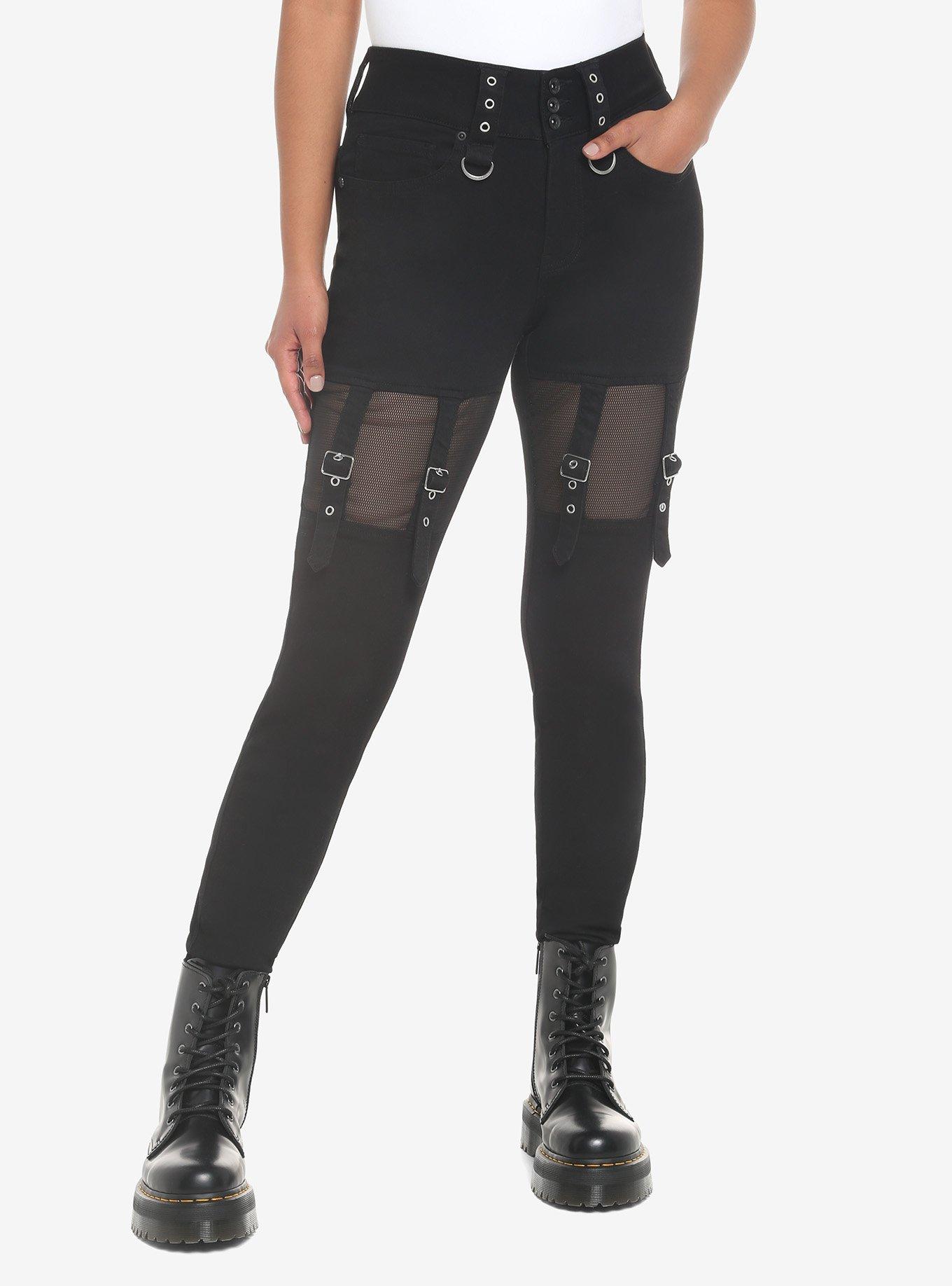 HT Denim Black Mesh Buckle Garter Hi-Rise Super Skinny Jeans | Hot Topic