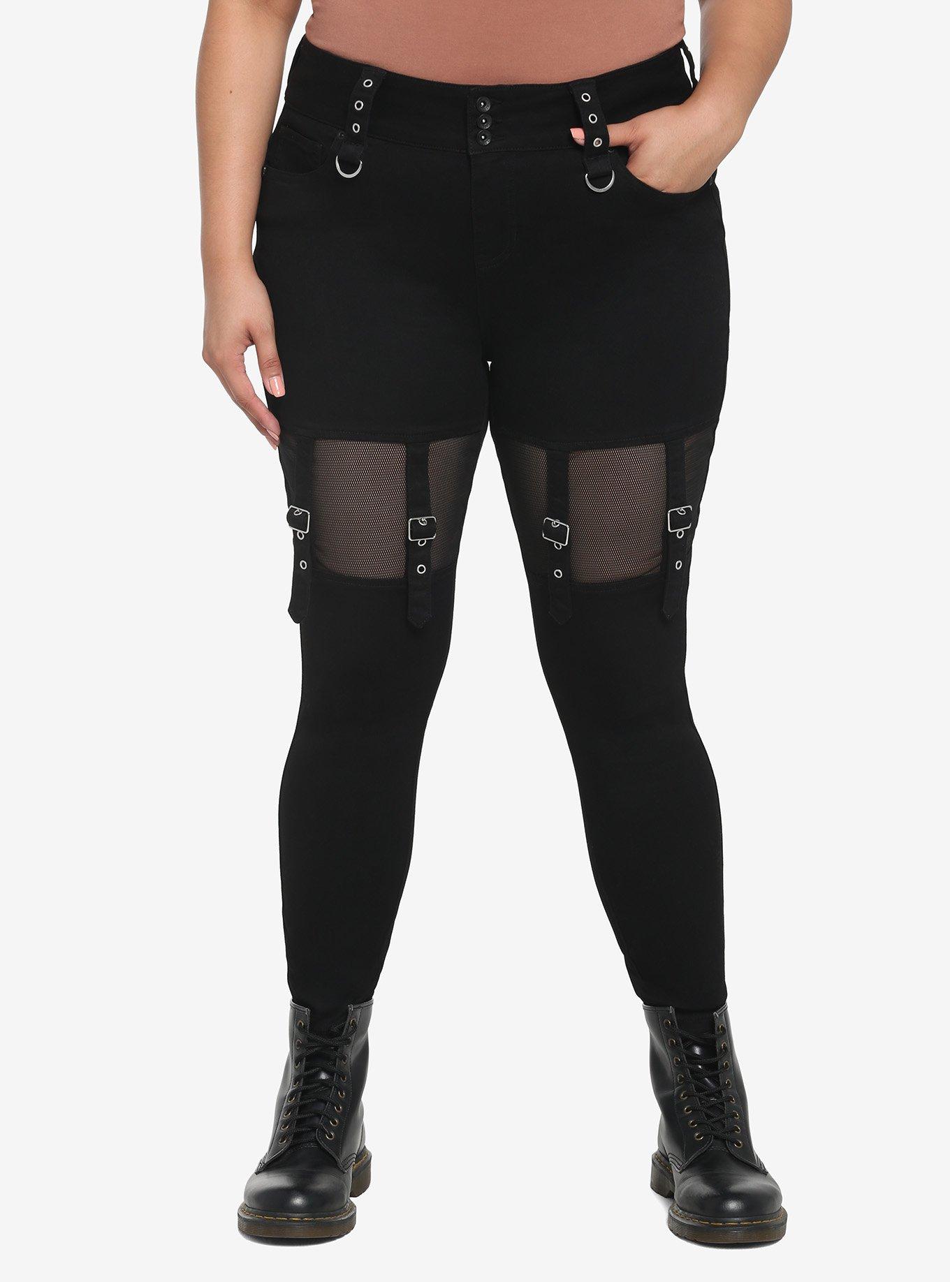 Ht Denim Black Mesh Buckle Garter Hi Rise Super Skinny Jeans Plus Size