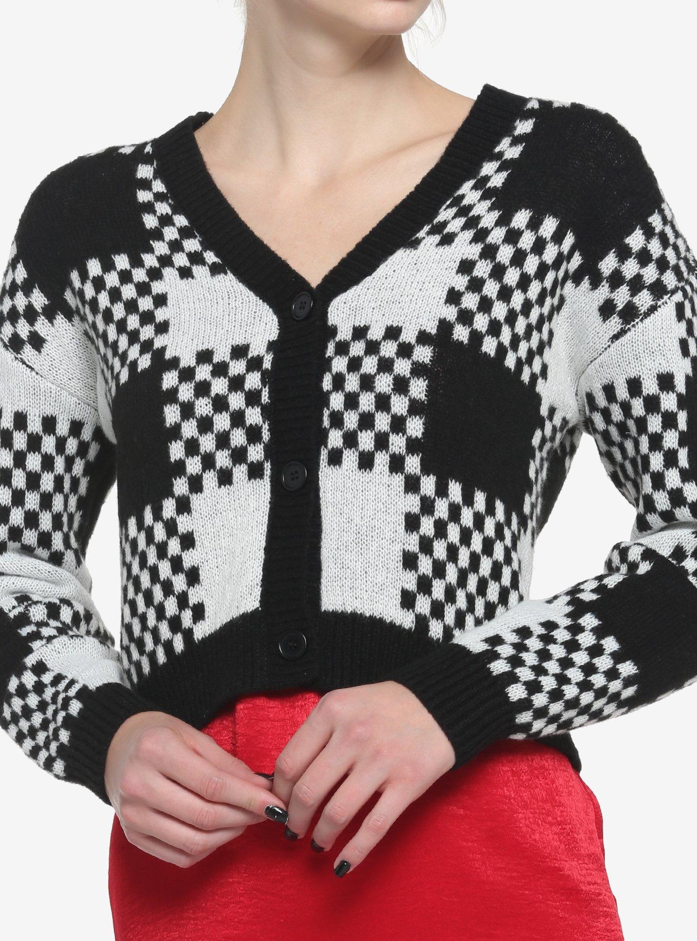Black & White Checkered Plaid Girls Crop Cardigan | Hot Topic