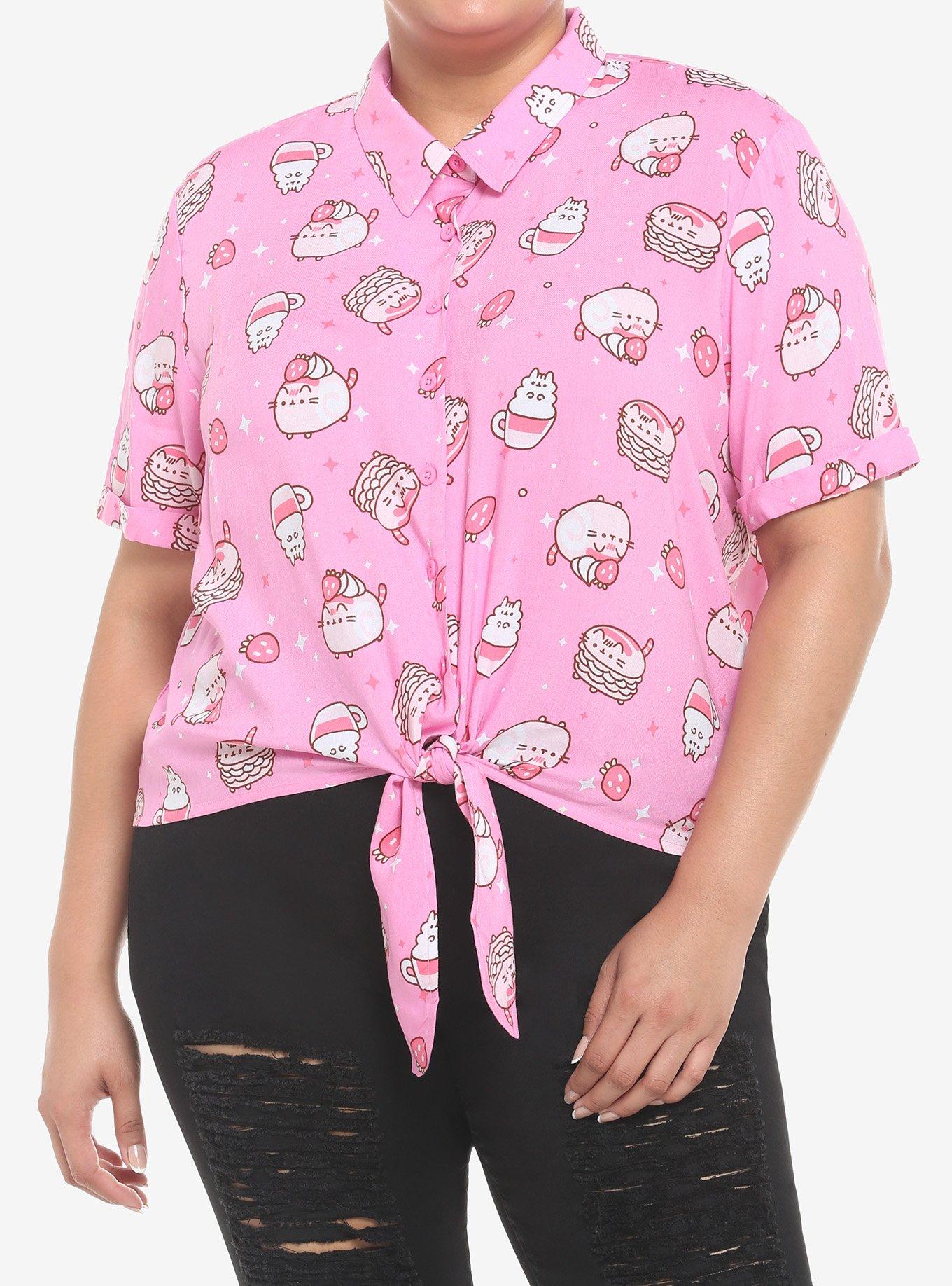 Pusheen Pink Sweets Tie-Front Girls Woven Button-Up Plus Size | Hot Topic