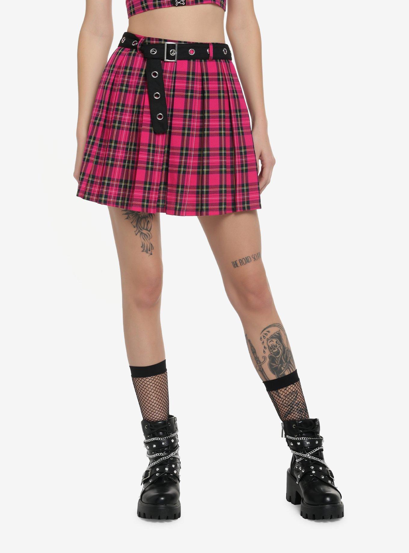 Hot Pink Tartan Pleated Skirt With Grommet Belt Hot Topic