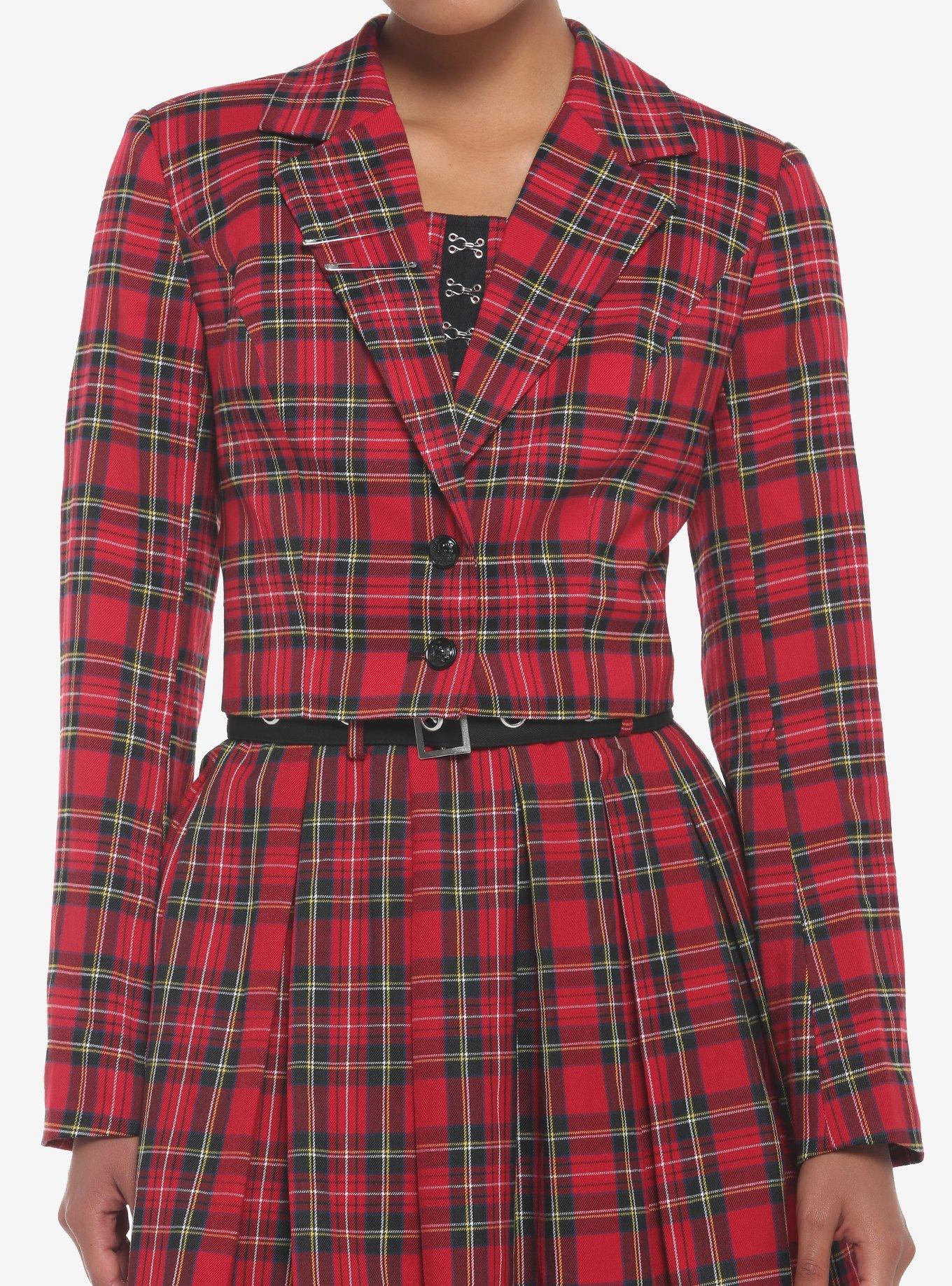 Red Plaid Safety Pin Girls Crop Blazer Hot Topic