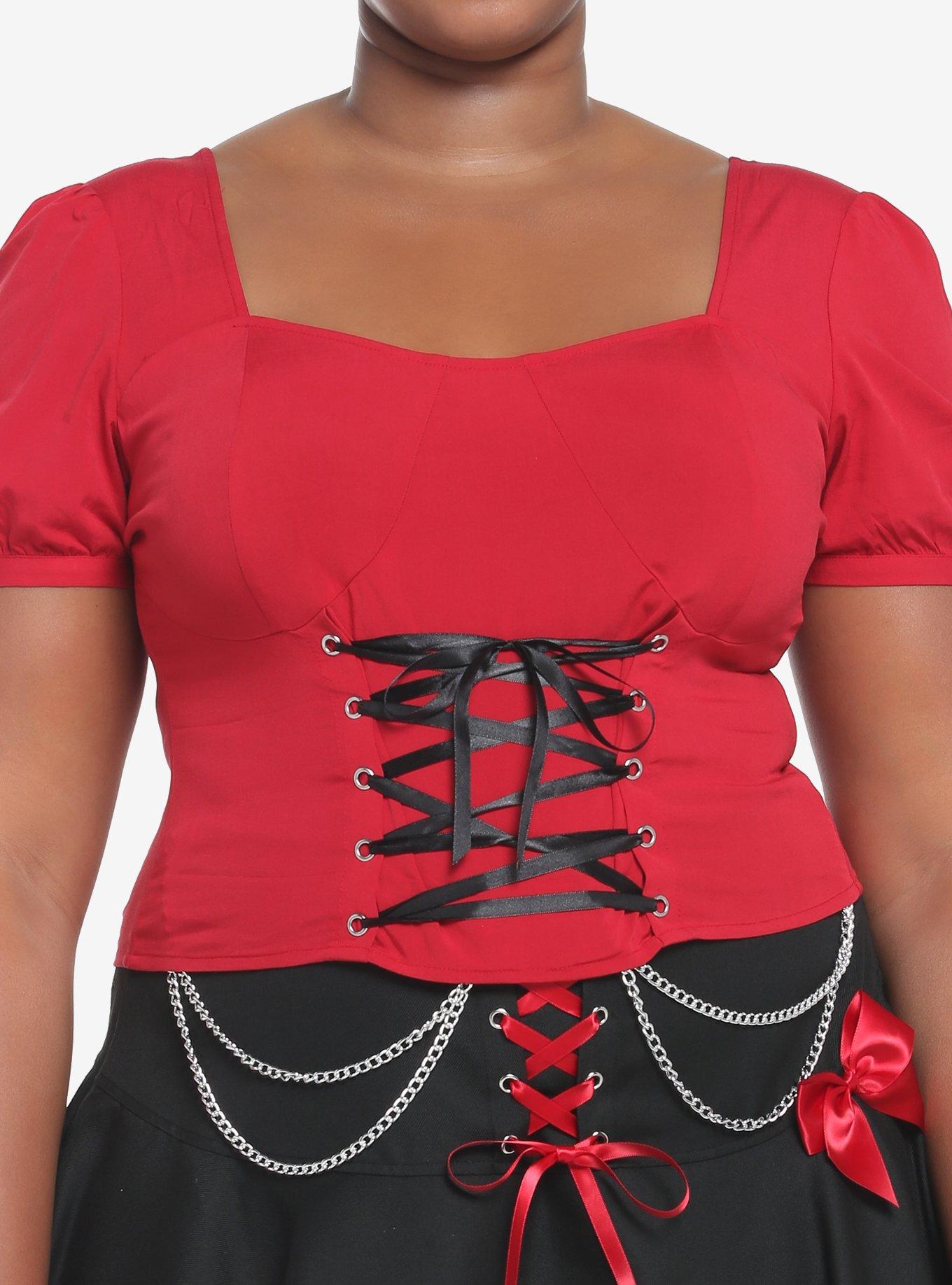 Red & Black Corset Lace-Up Girls Crop Top Plus Size | Hot Topic